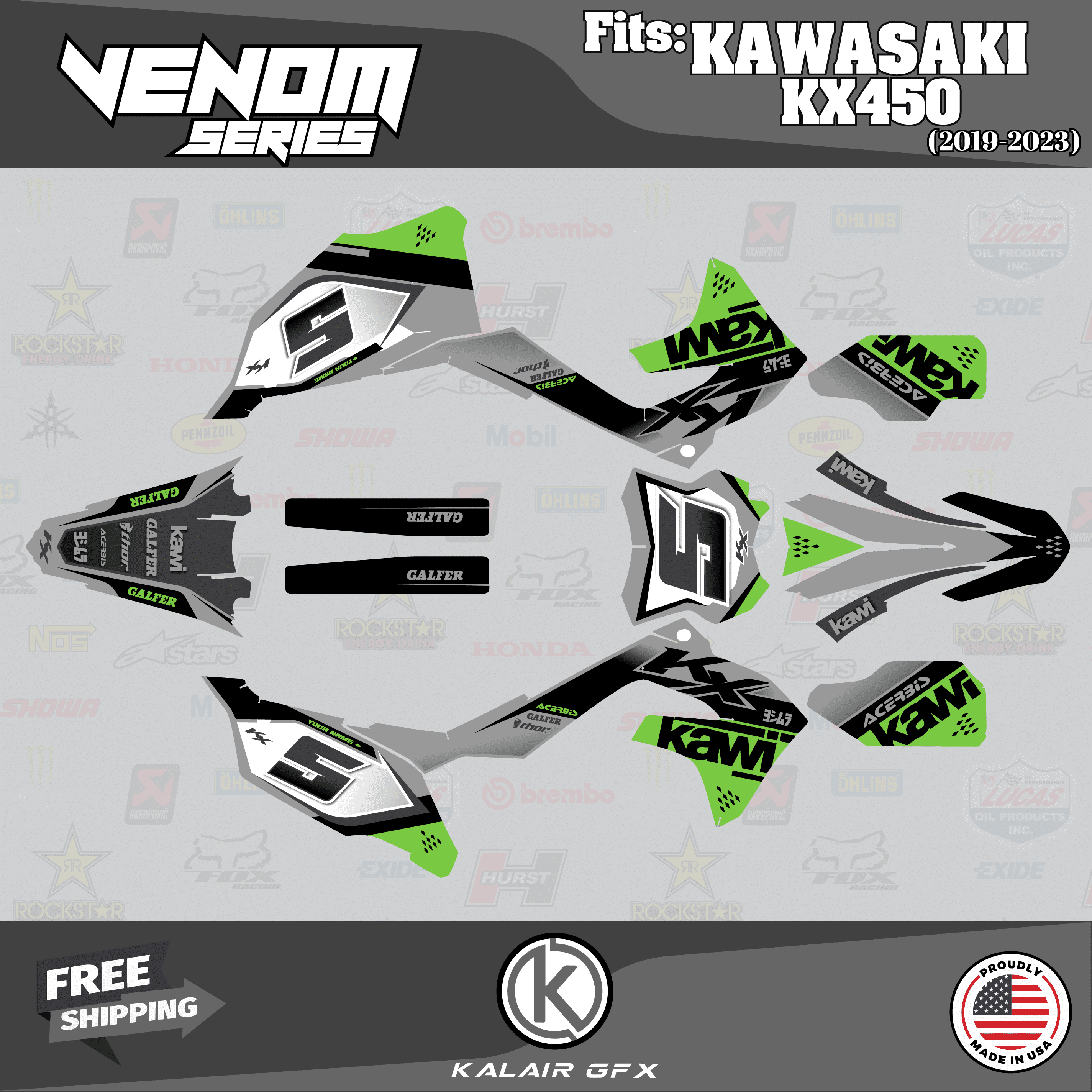 Kalair GFX Graphics Kit for Kawasaki KX450F (2019-2023) Venom Series ...