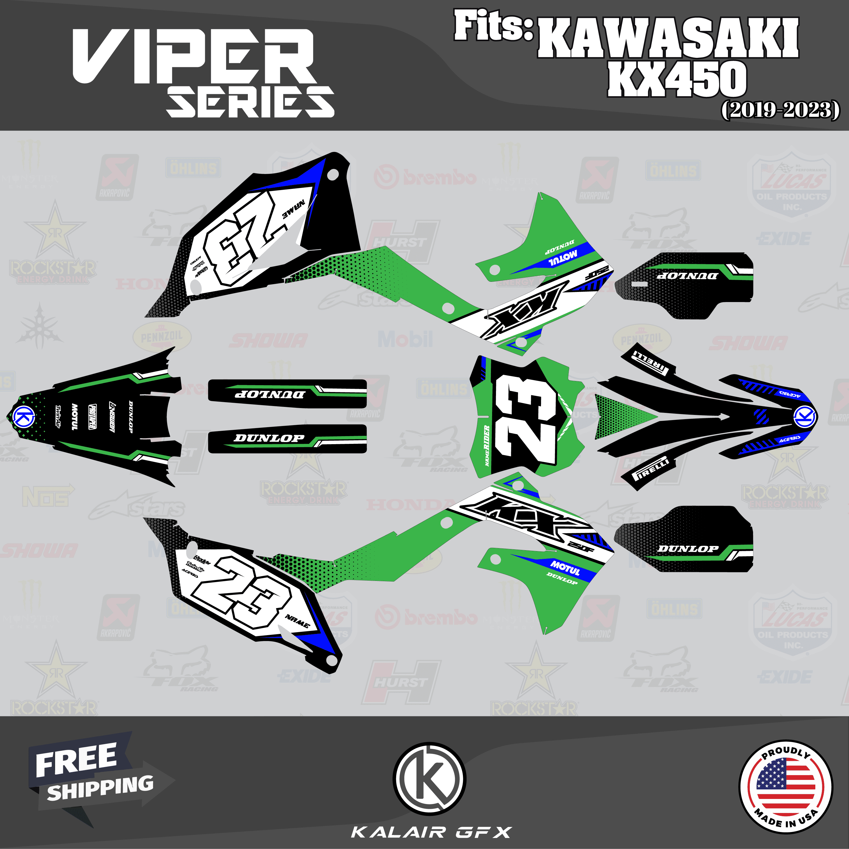 Kalair GFX Graphics Kit for Kawasaki KX450F (2019-2023) Viper Series ...