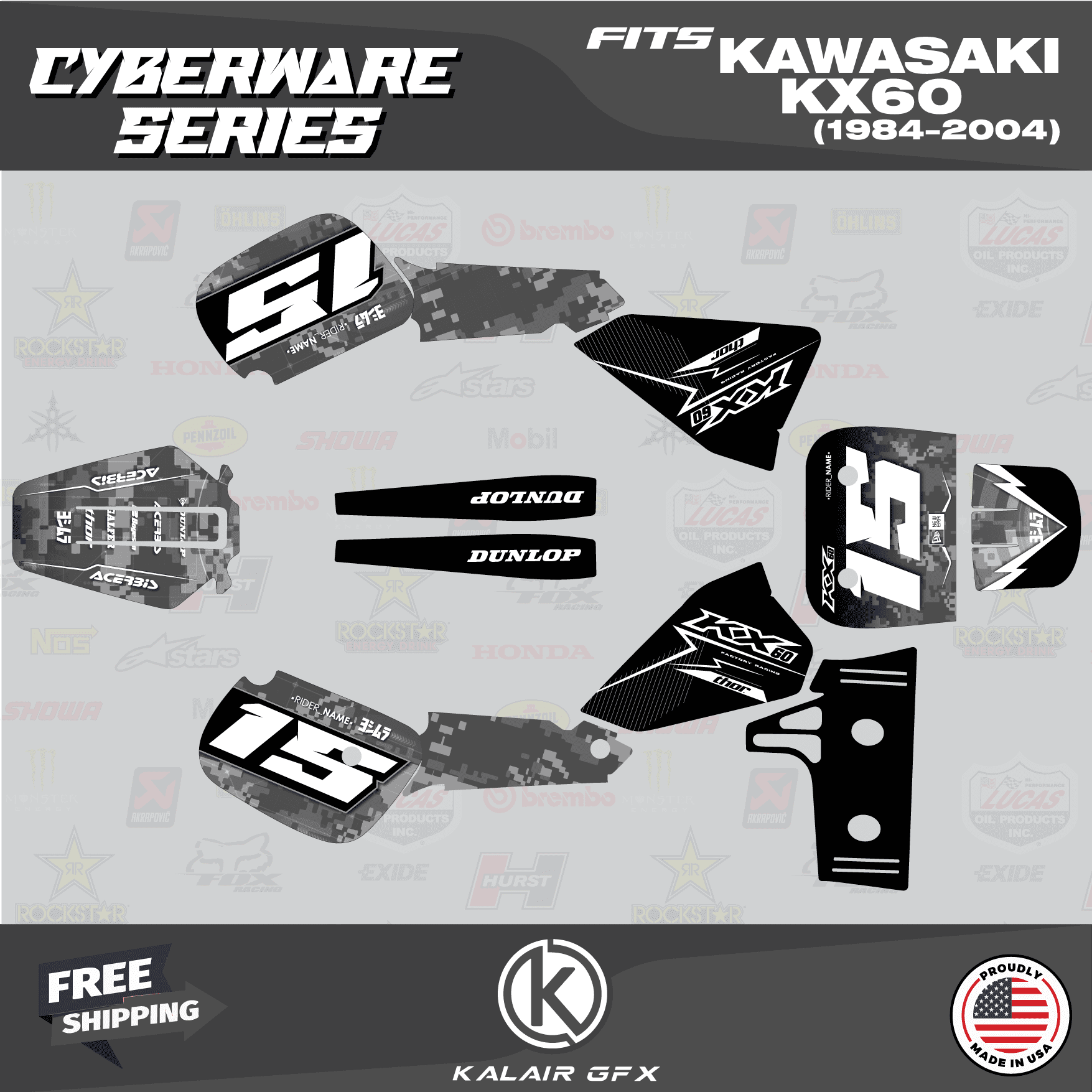 Kalair GFX Graphics Kit for Kawasaki KX60 (1984-2004) Cyberware Series ...