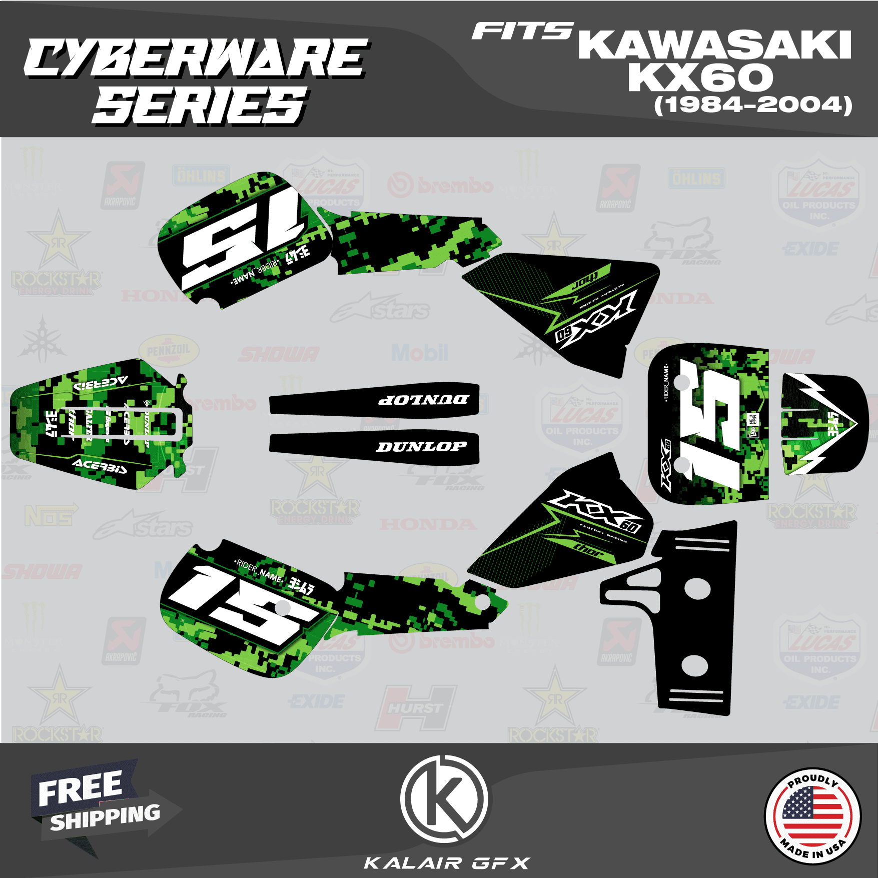 Kalair GFX Graphics Kit for Kawasaki KX60 (1984-2004) Cyberware Series ...