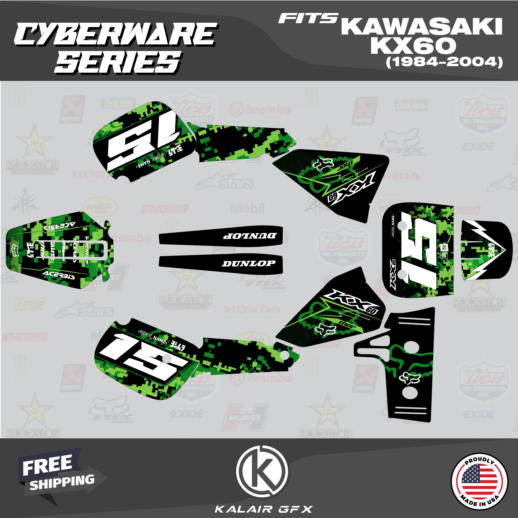 Kalair GFX Graphics Kit for Kawasaki KX60 (1984-2004) Cyberware Series ...