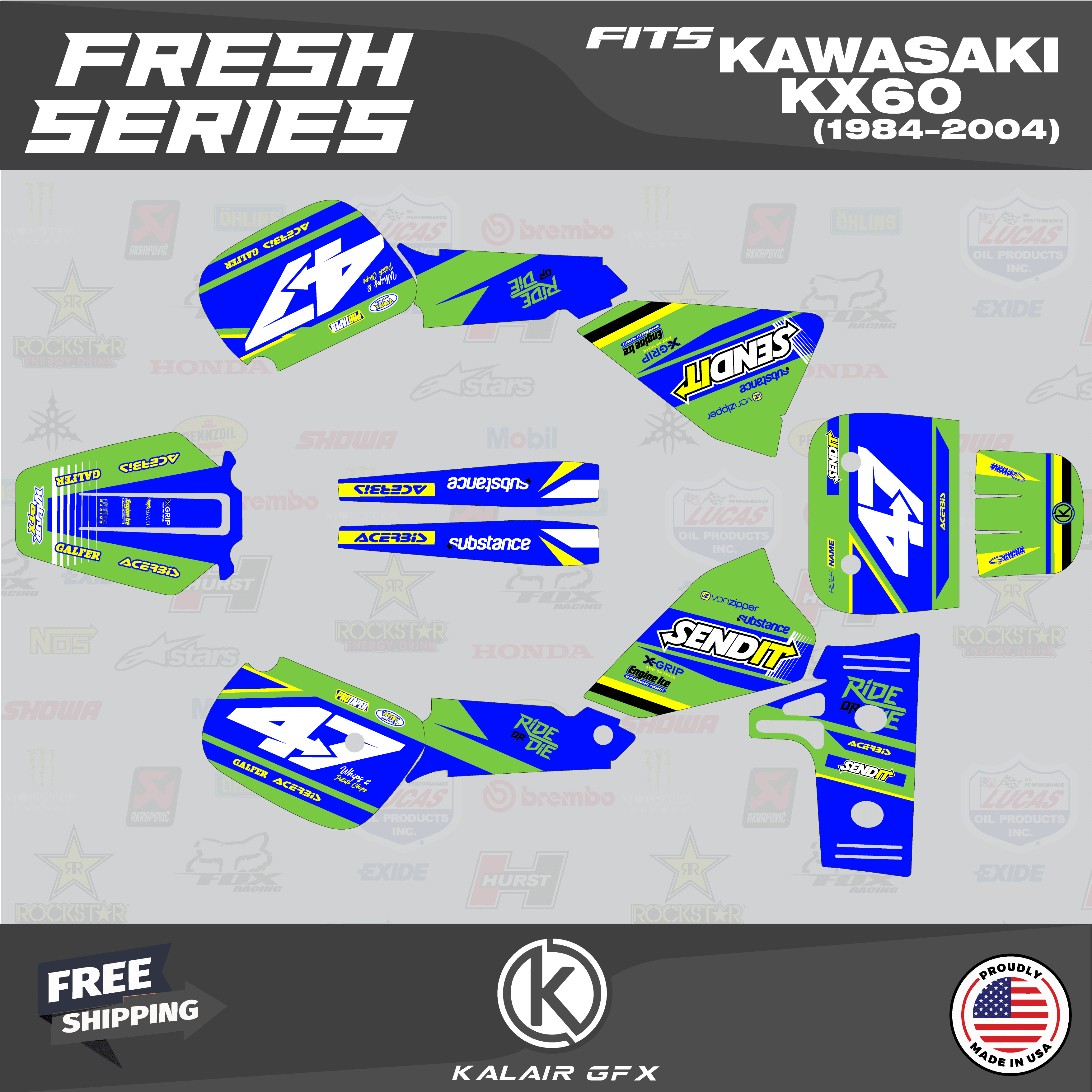 Kalair GFX Graphics Kit for Kawasaki KX60 (1984-2004) Fresh Series ...