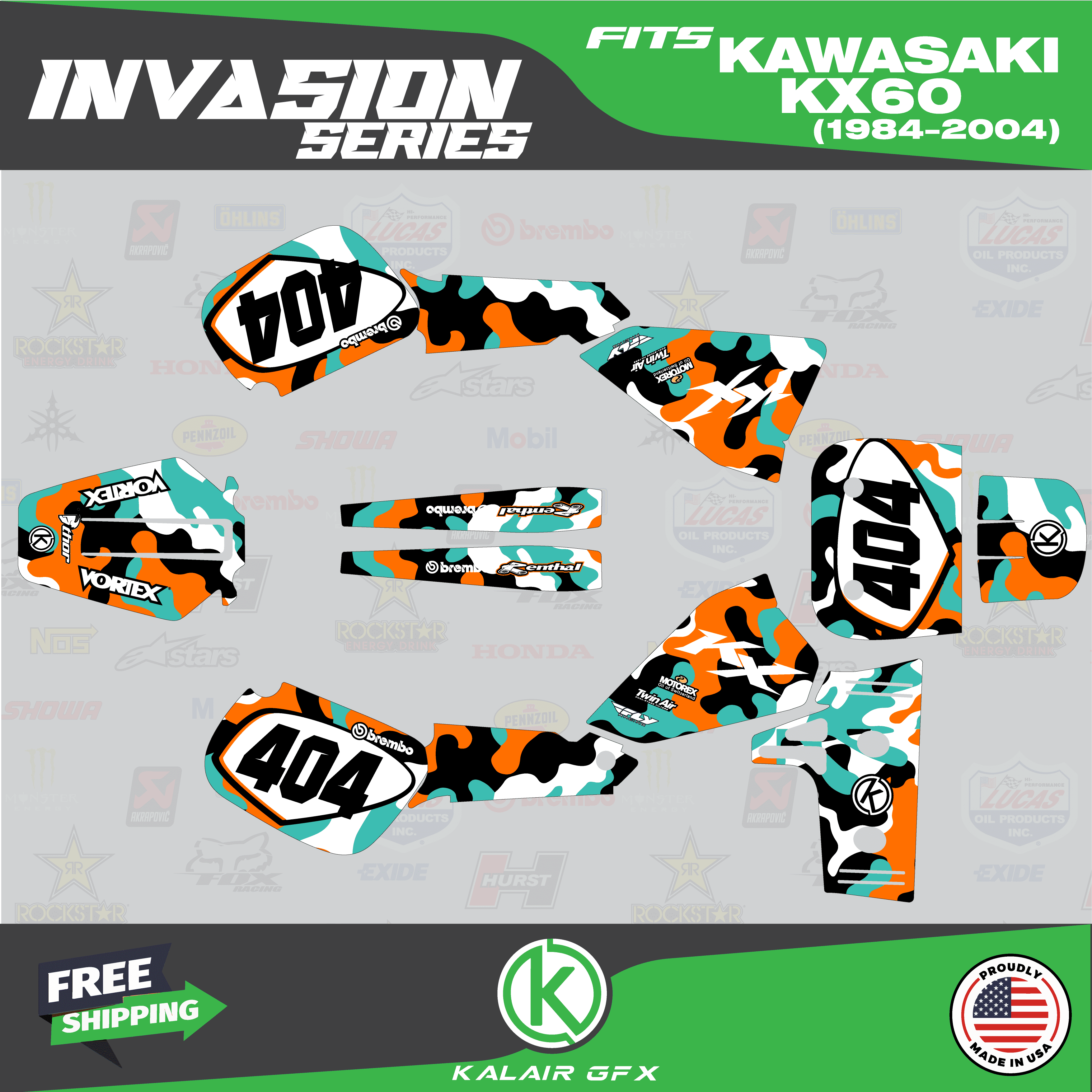 Kalair GFX Graphics Kit for Kawasaki KX60 (1984-2004) Invasion Series ...