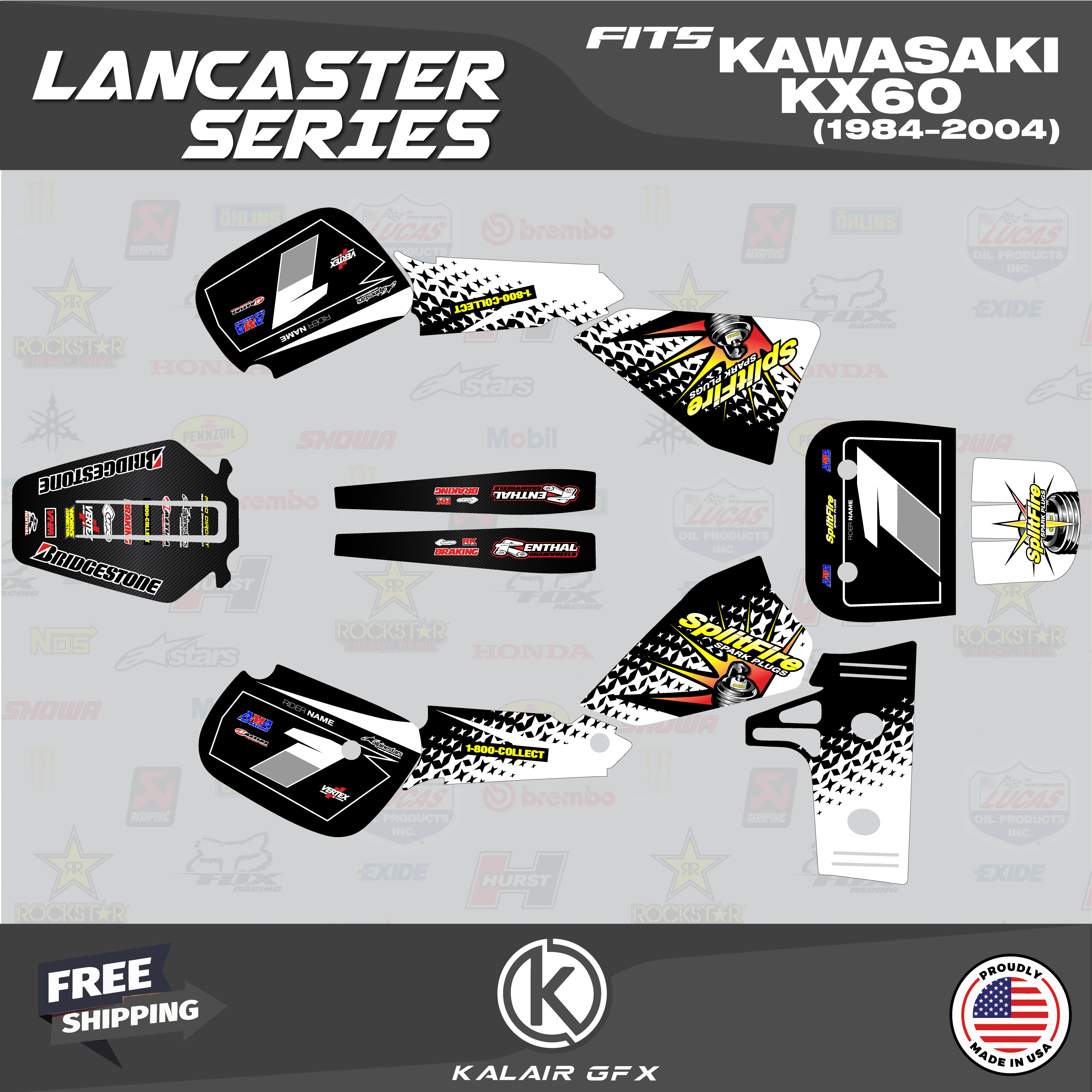 Kalair GFX Graphics Kit for Kawasaki KX60 (1984-2004) Lancaster Series ...