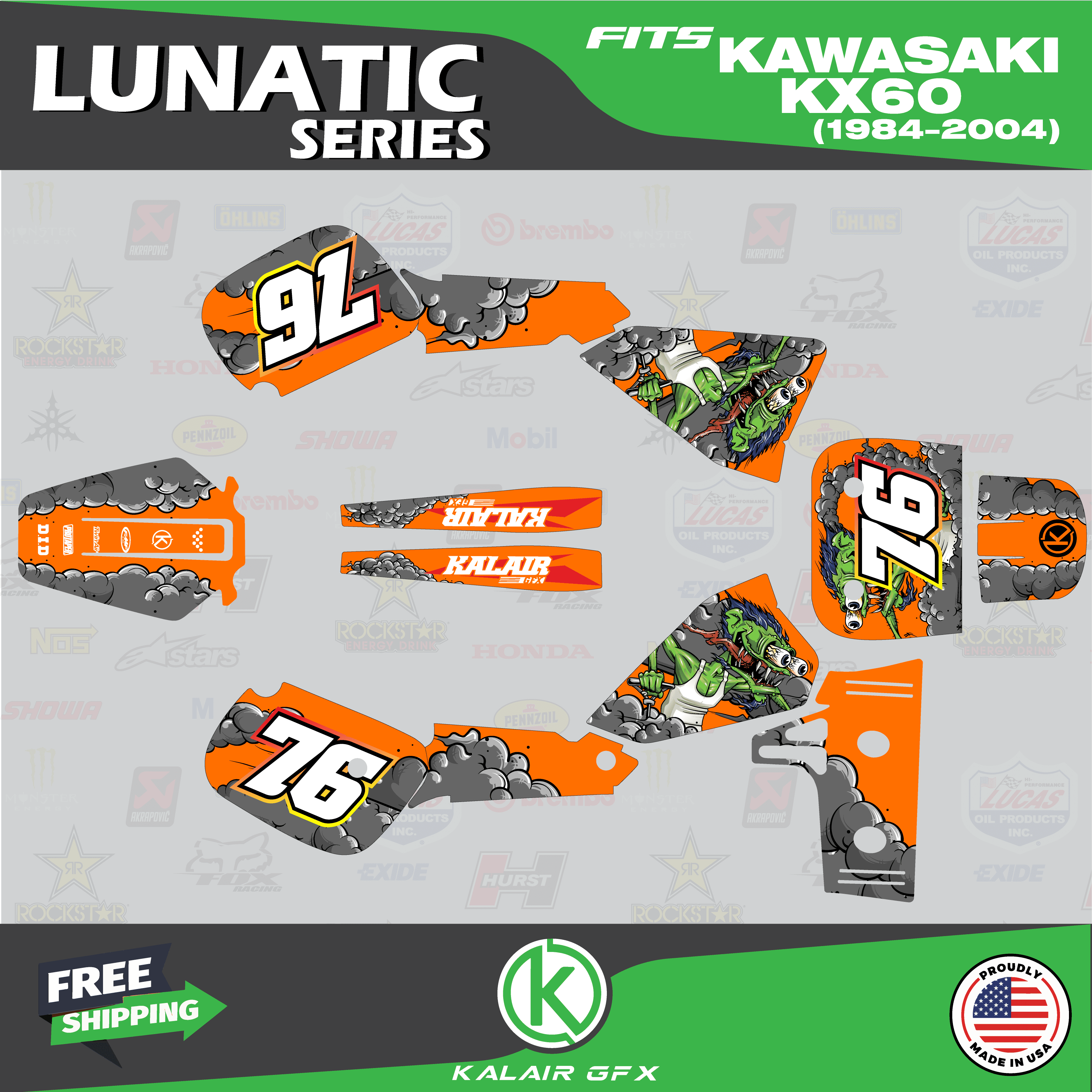 Kalair GFX Graphics Kit for Kawasaki KX60 (1984-2004) Lunatic Series ...