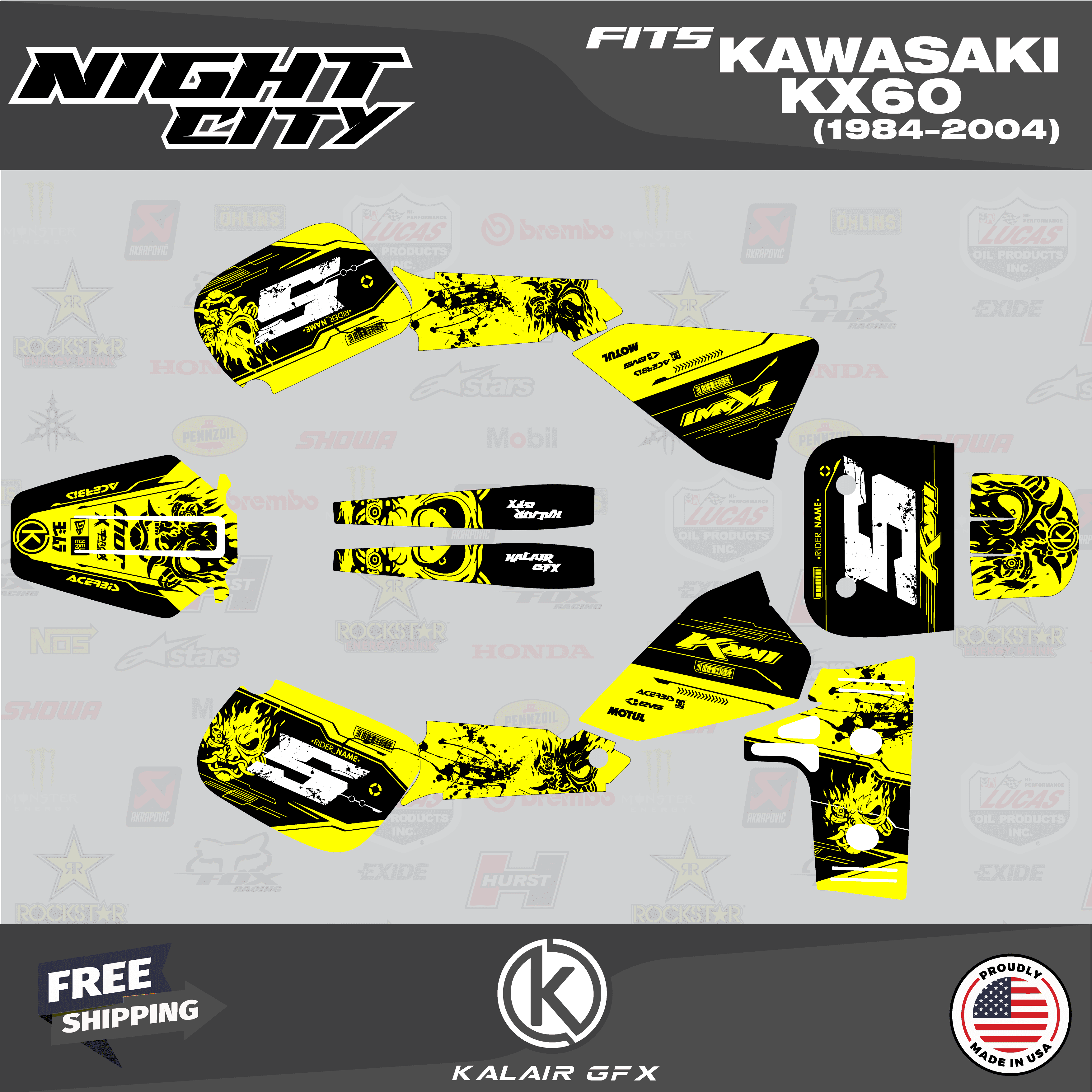 Kalair GFX Graphics Kit for Kawasaki KX60 (1984-2004) Nightcity Series ...
