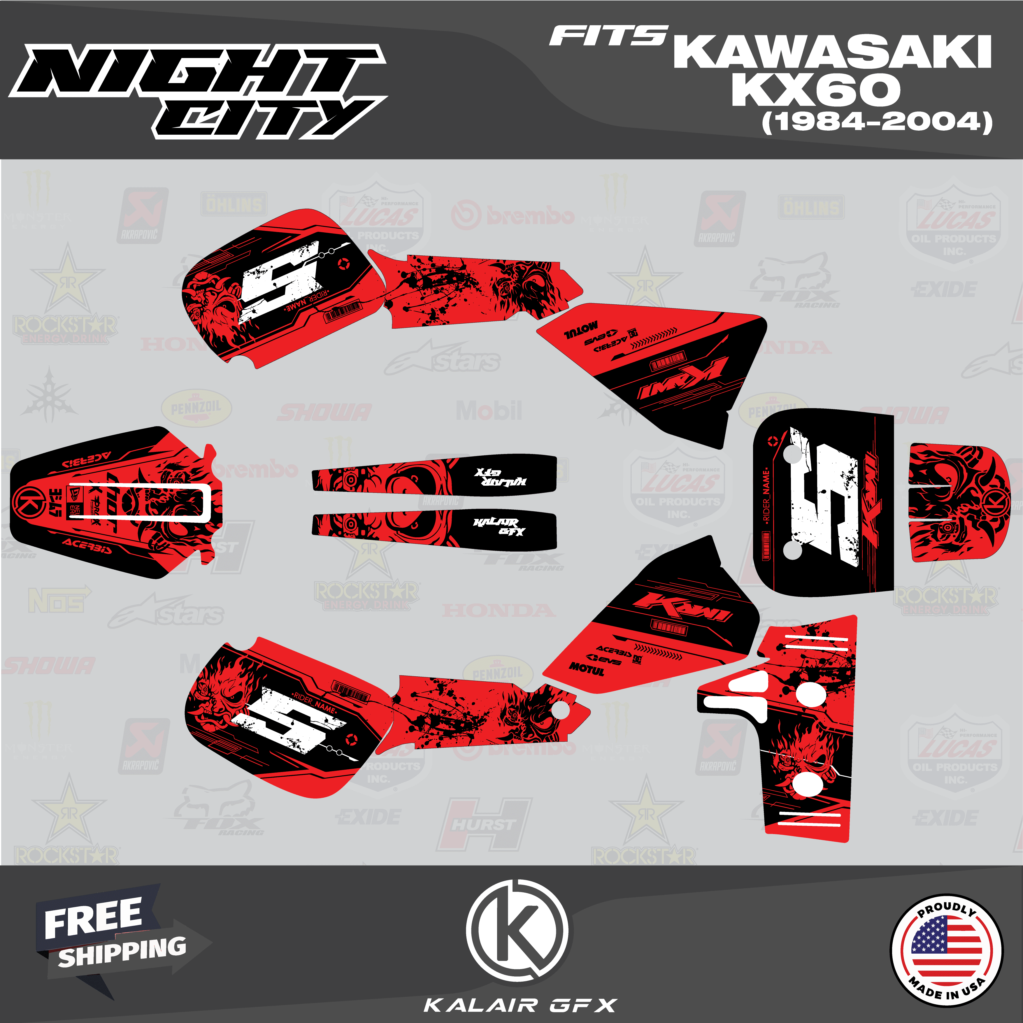 Kalair GFX Graphics Kit for Kawasaki KX60 (1984-2004) Nightcity Series ...
