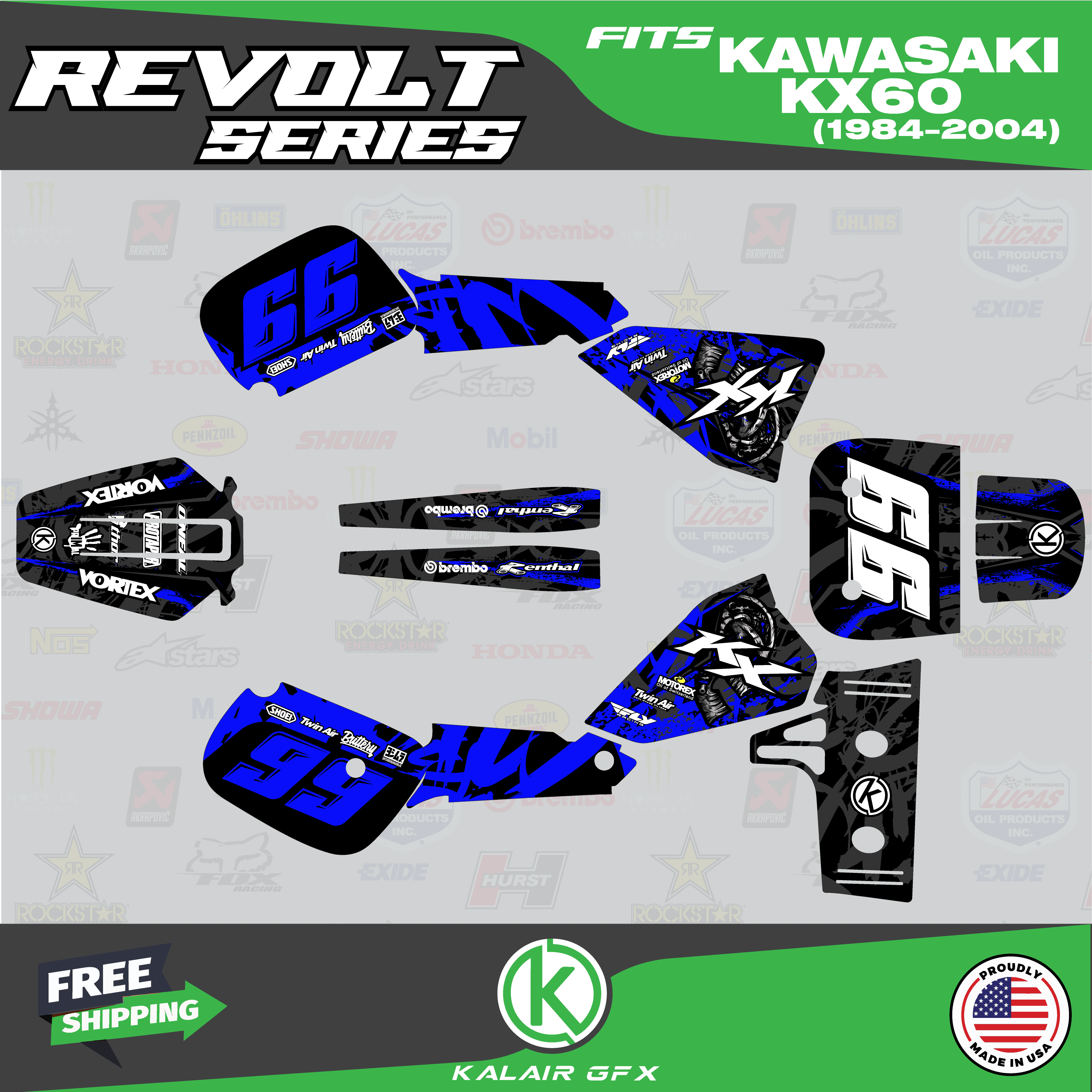 Kalair GFX Graphics Kit for Kawasaki KX60 (1984-2004) Revolt Series ...