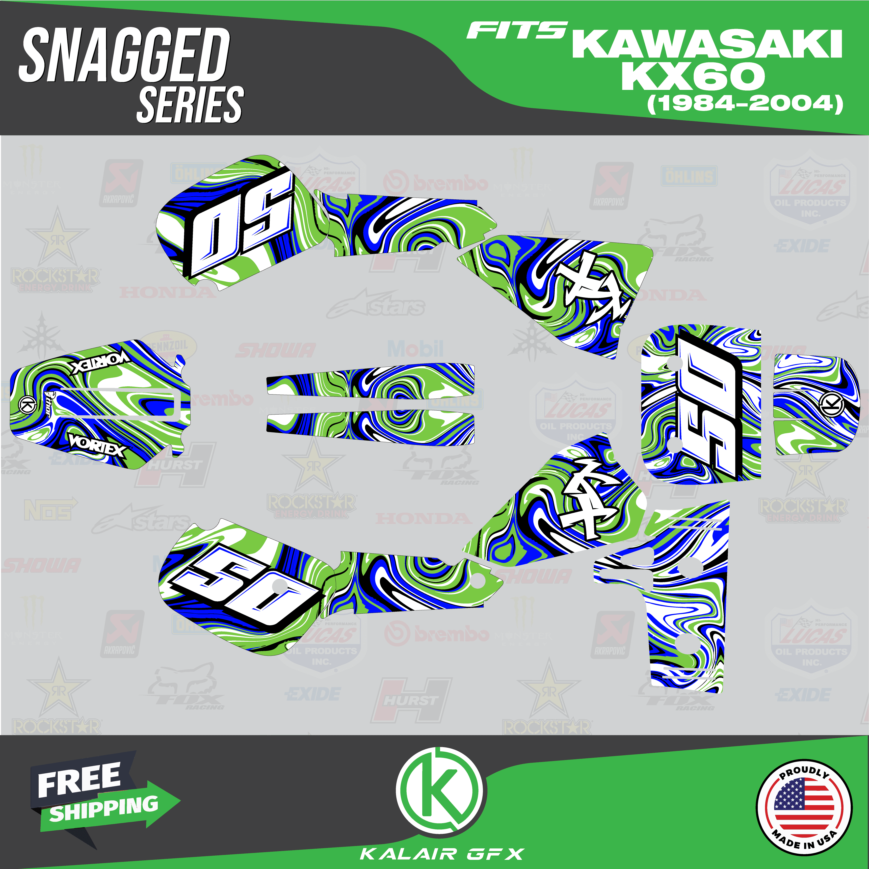 Kalair GFX Graphics Kit for Kawasaki KX60 (1984-2004) Snagged Series ...