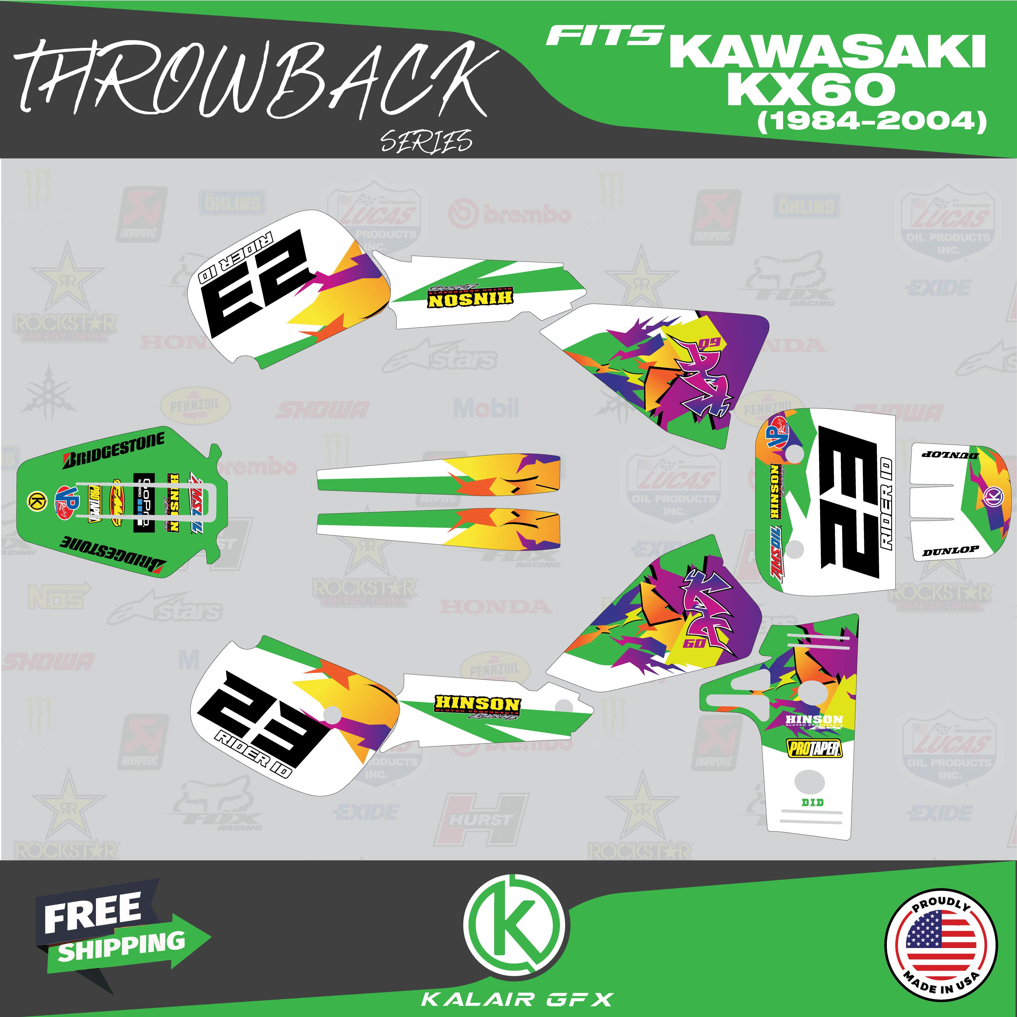 Kalair GFX Graphics Kit for Kawasaki KX60 (1984-2004) Throwback Series ...