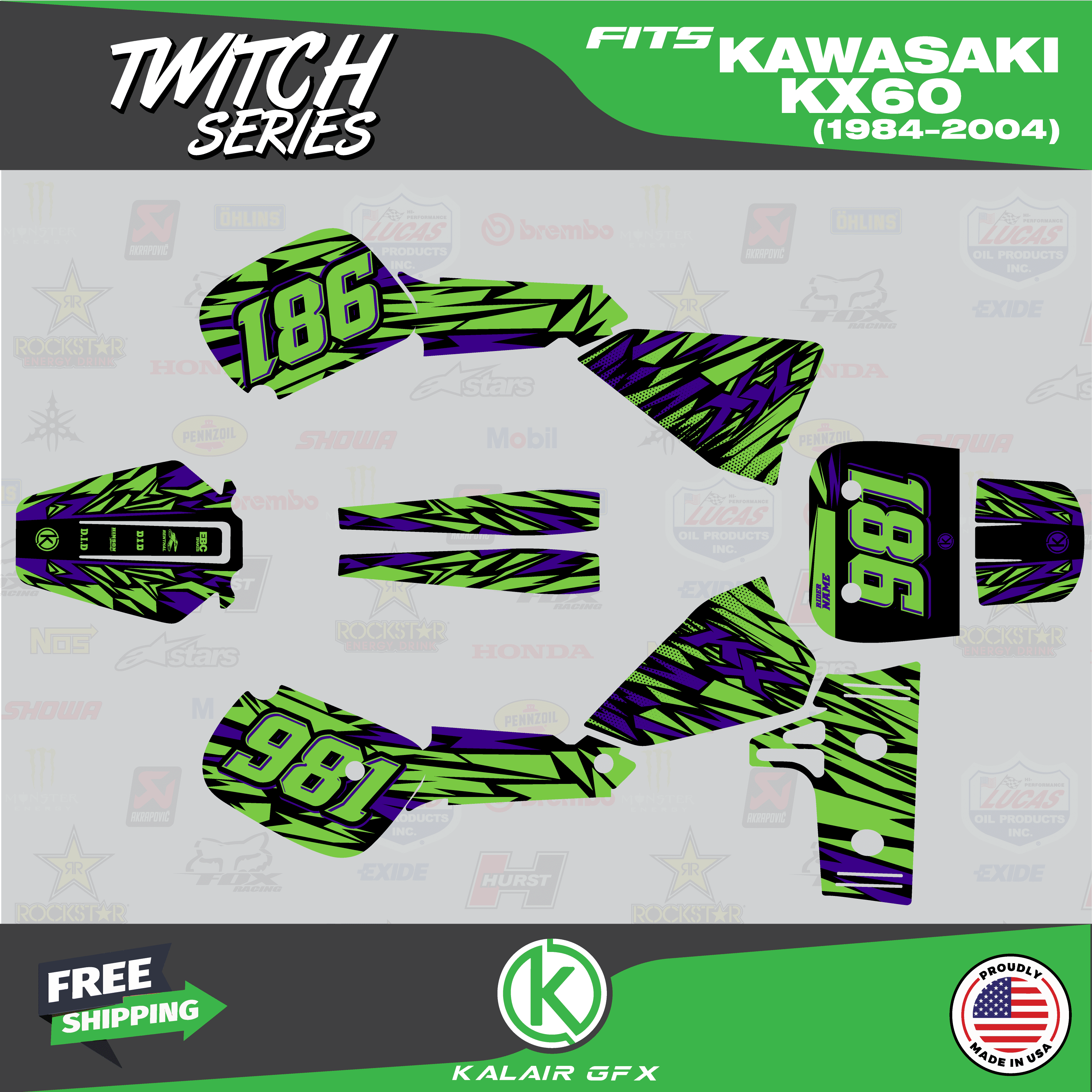 Kalair GFX Graphics Kit for Kawasaki KX60 (1984-2004) Twitch Series ...