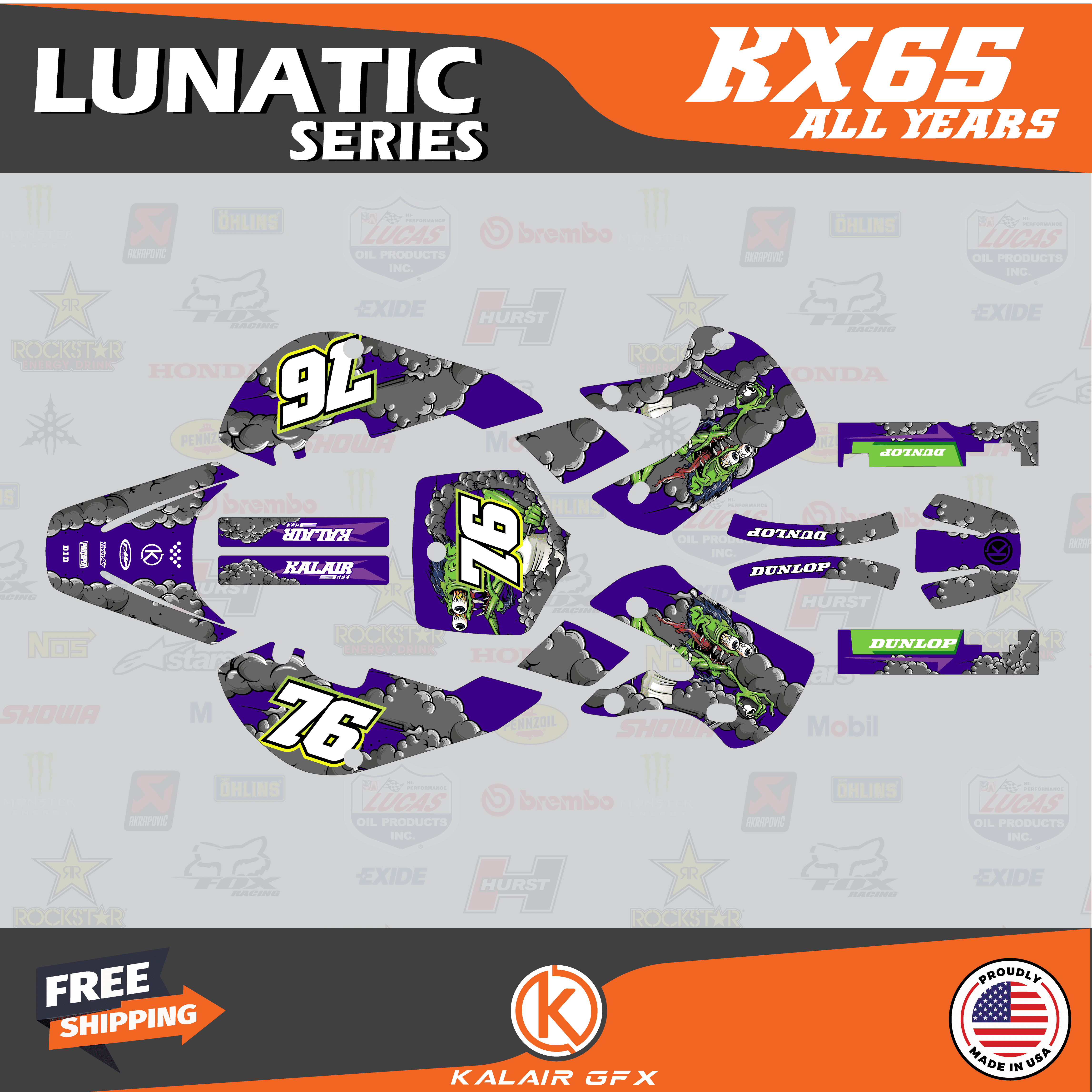 Kalair GFX Graphics Kit for Kawasaki KX65 (1999-2023) Lunatic Series ...
