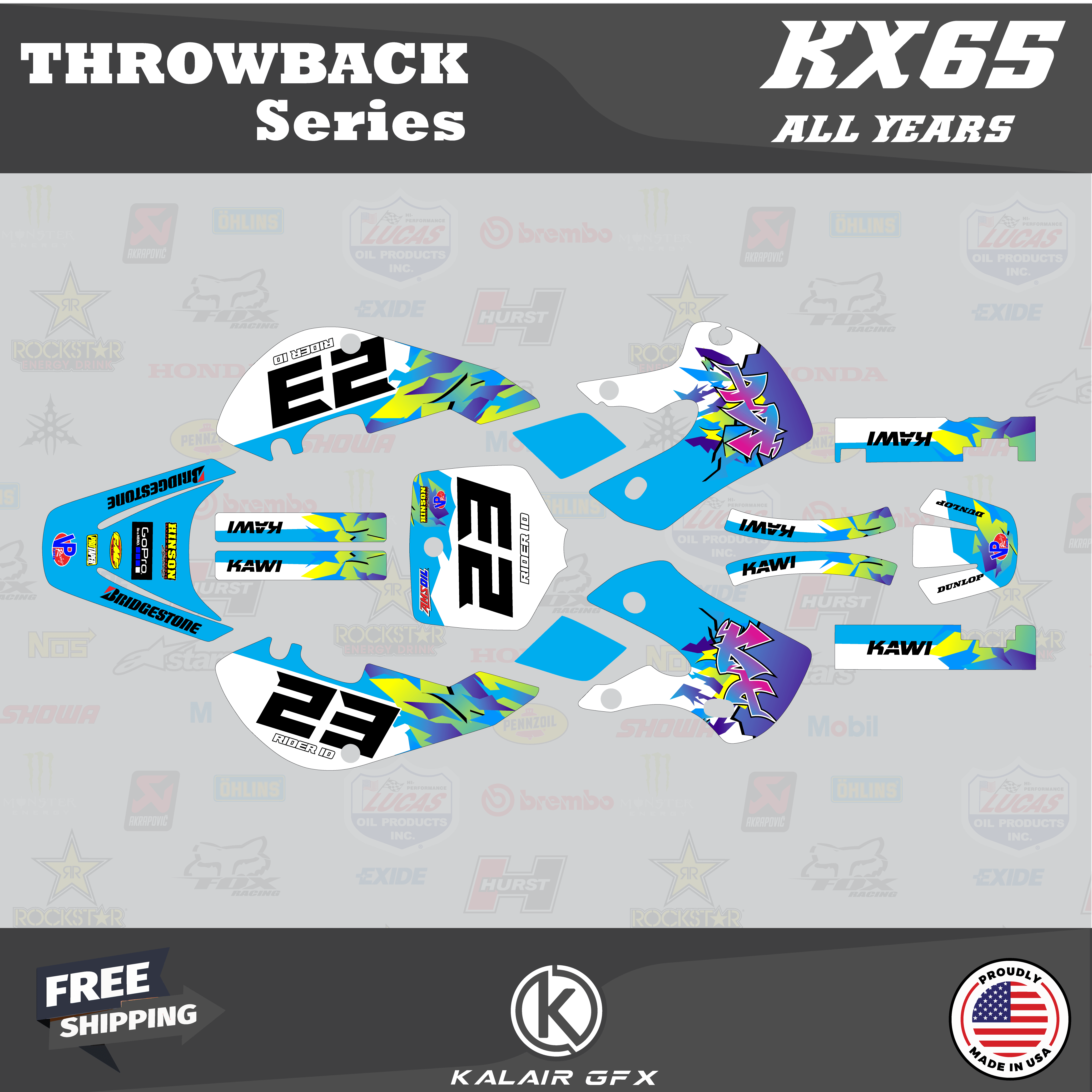 Kalair GFX Graphics Kit for Kawasaki KX65 (1999-2023) Throwback Series ...