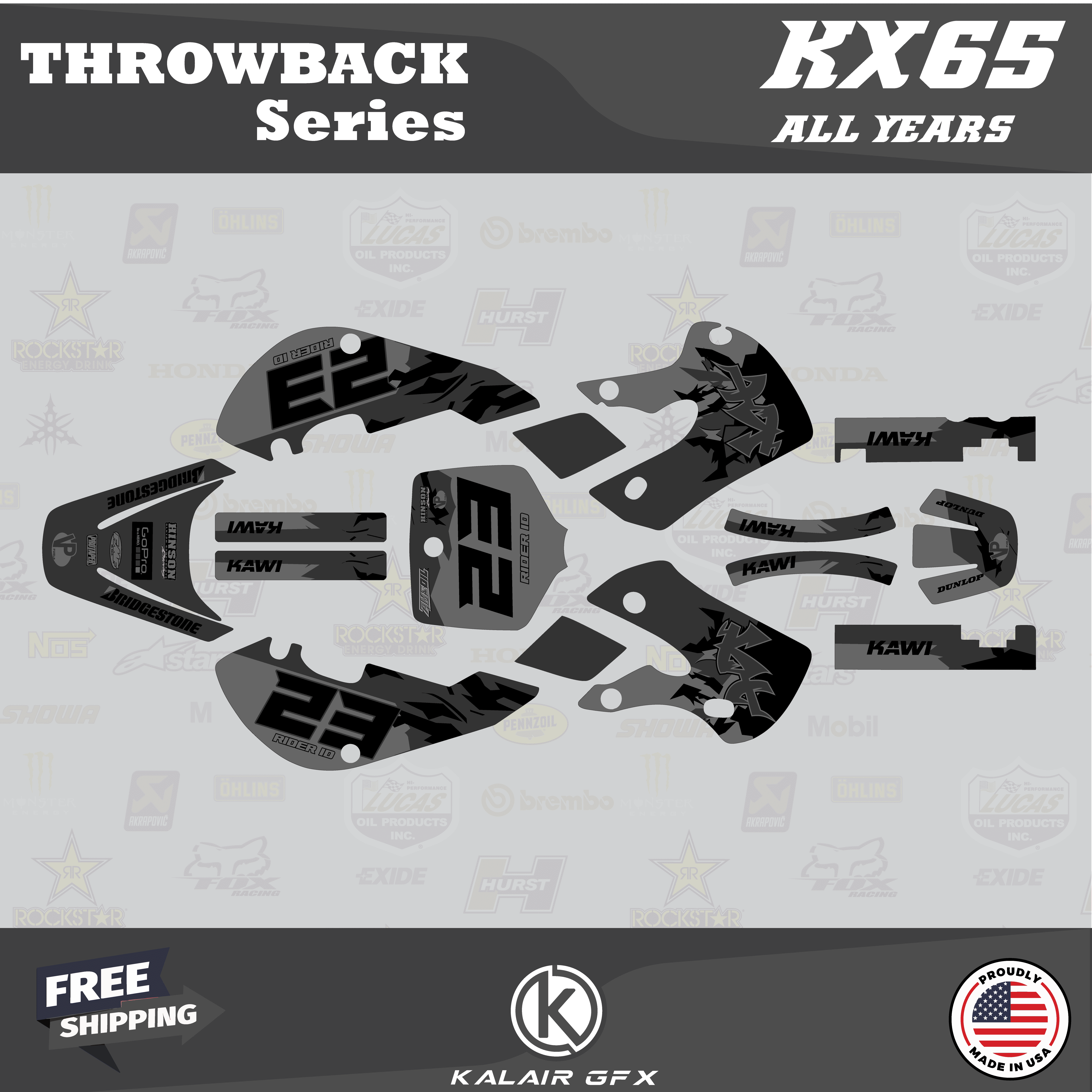 Kalair GFX Graphics Kit for Kawasaki KX65 (1999-2023) Throwback Series ...