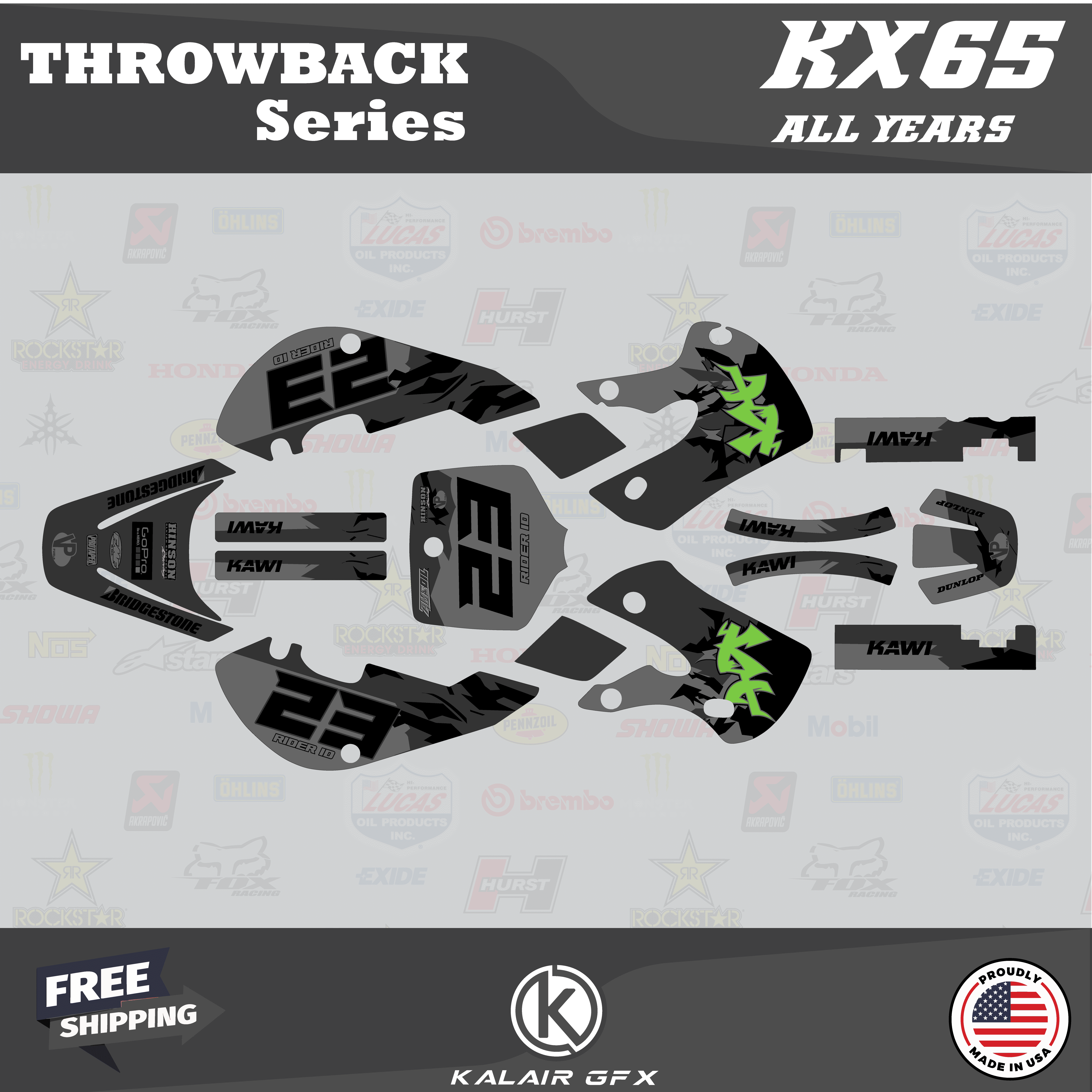 Kalair GFX Graphics Kit for Kawasaki KX65 (1999-2023) Throwback Series ...
