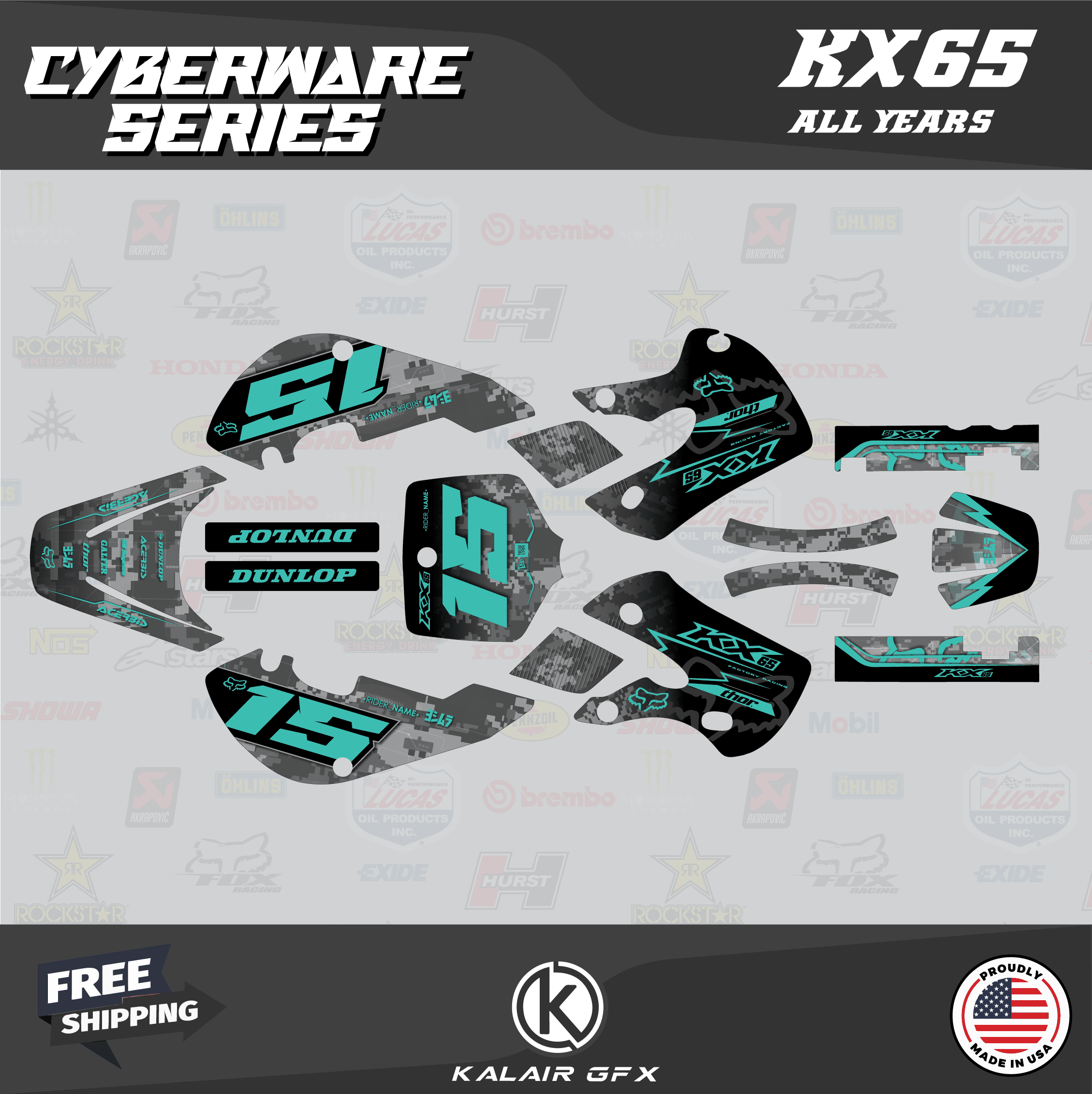 Kalair GFX Graphics Kit for Kawasaki KX65 (1999-2024) Cyberware Series ...