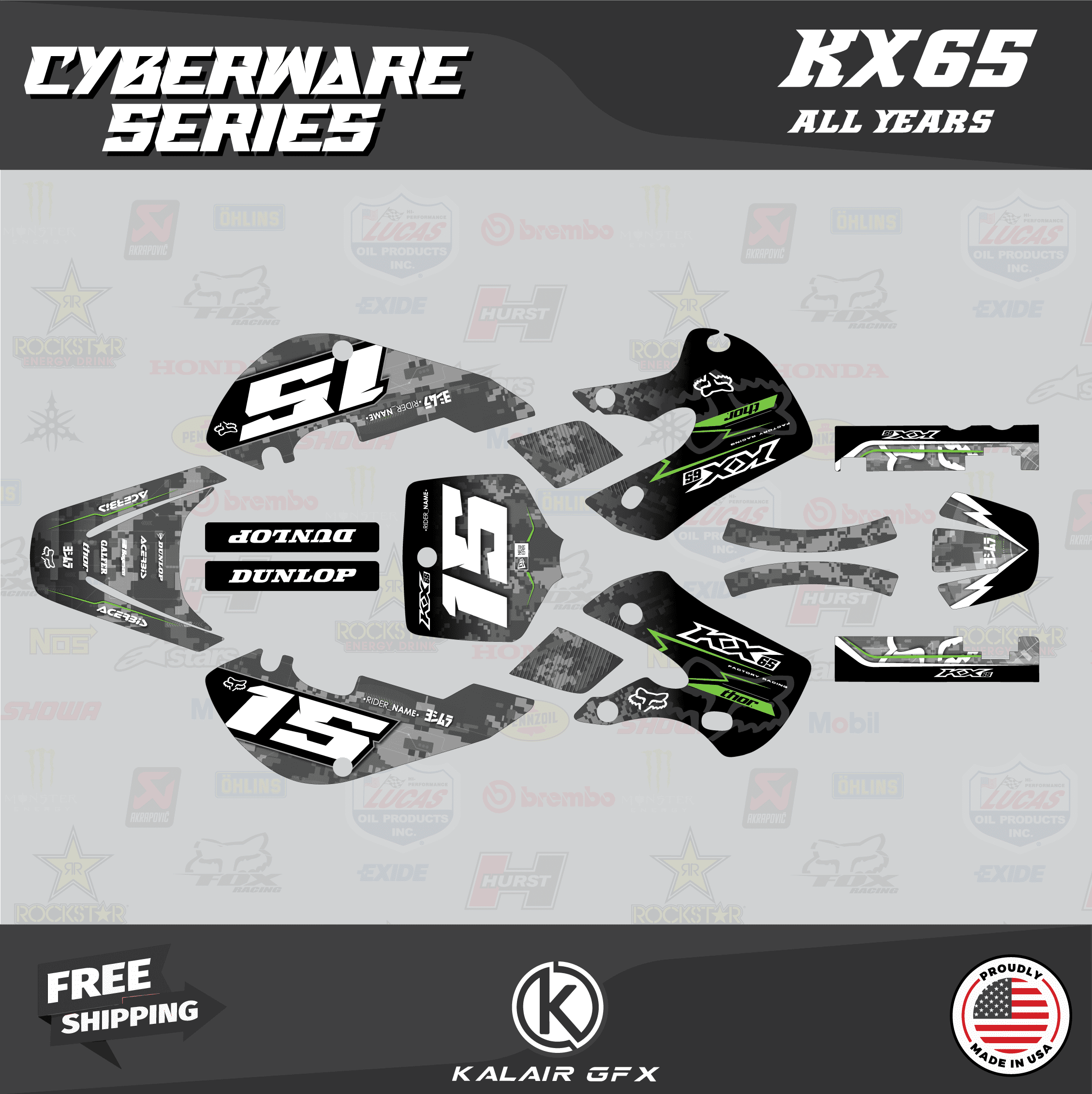 Kalair GFX Graphics Kit for Kawasaki KX65 (1999-2024) Cyberware Series ...