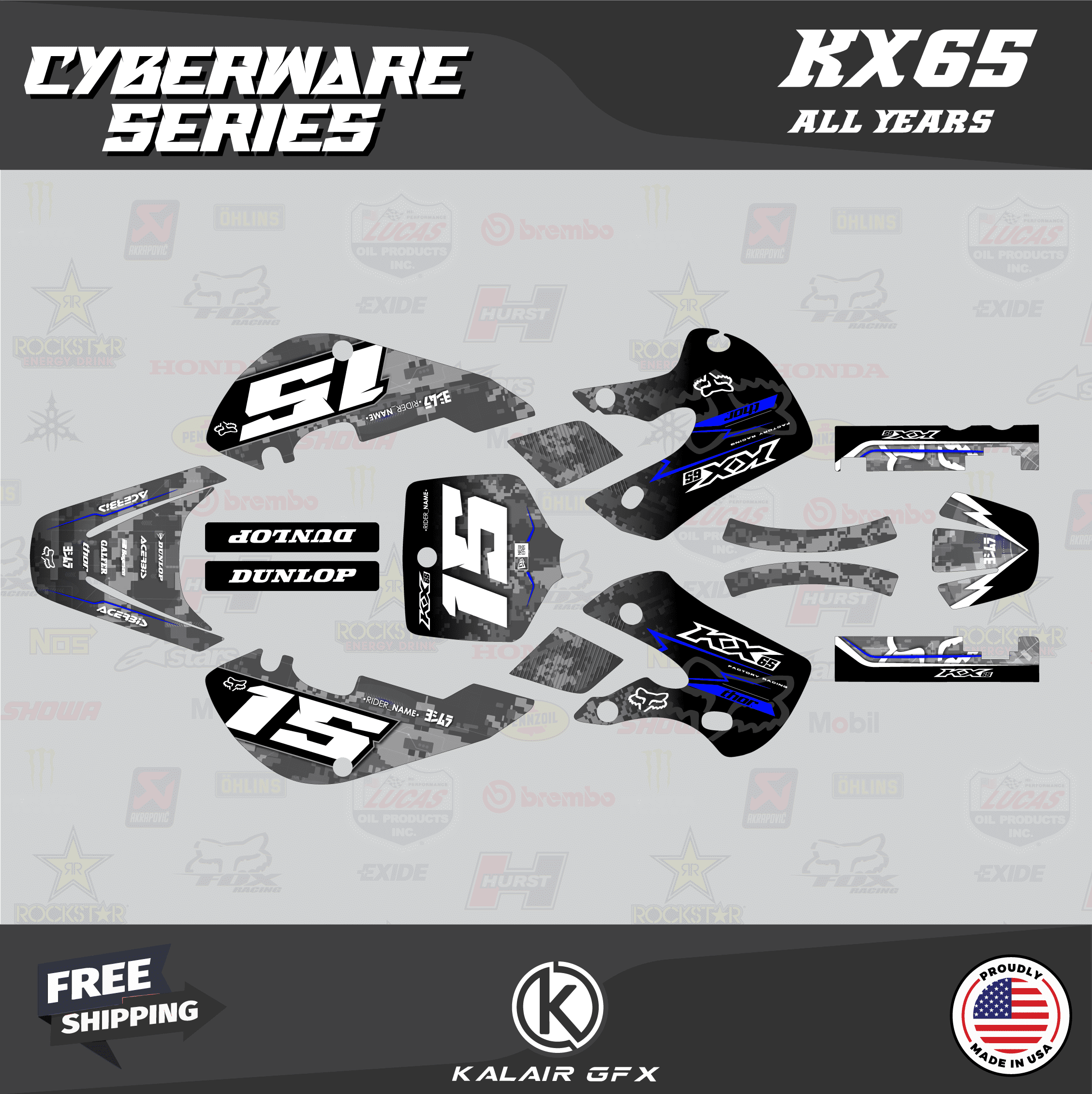 Kalair GFX Graphics Kit for Kawasaki KX65 (1999-2024) Cyberware Series ...