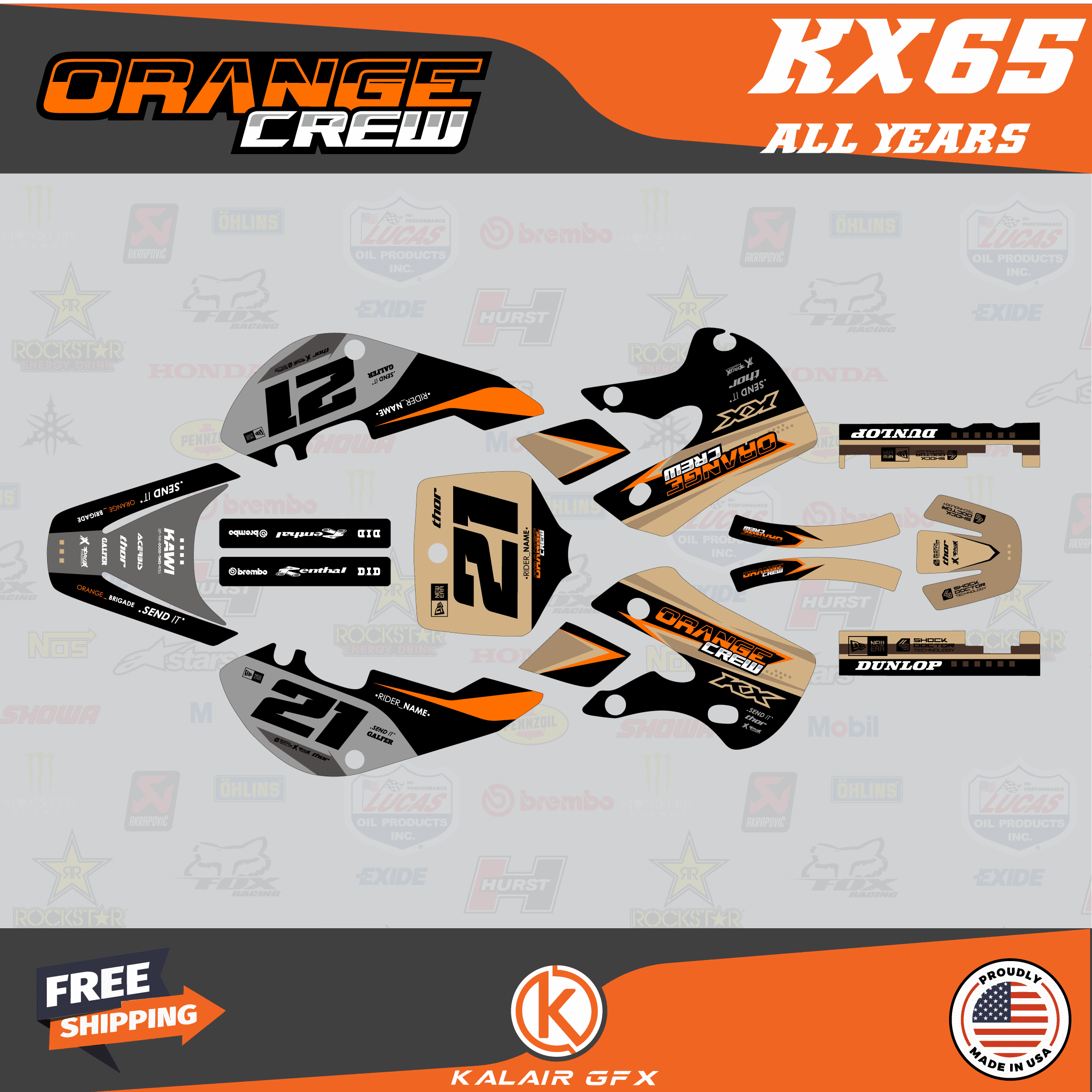 Kalair GFX Graphics Kit for Kawasaki KX65 (1999-2024) Orange-crew ...
