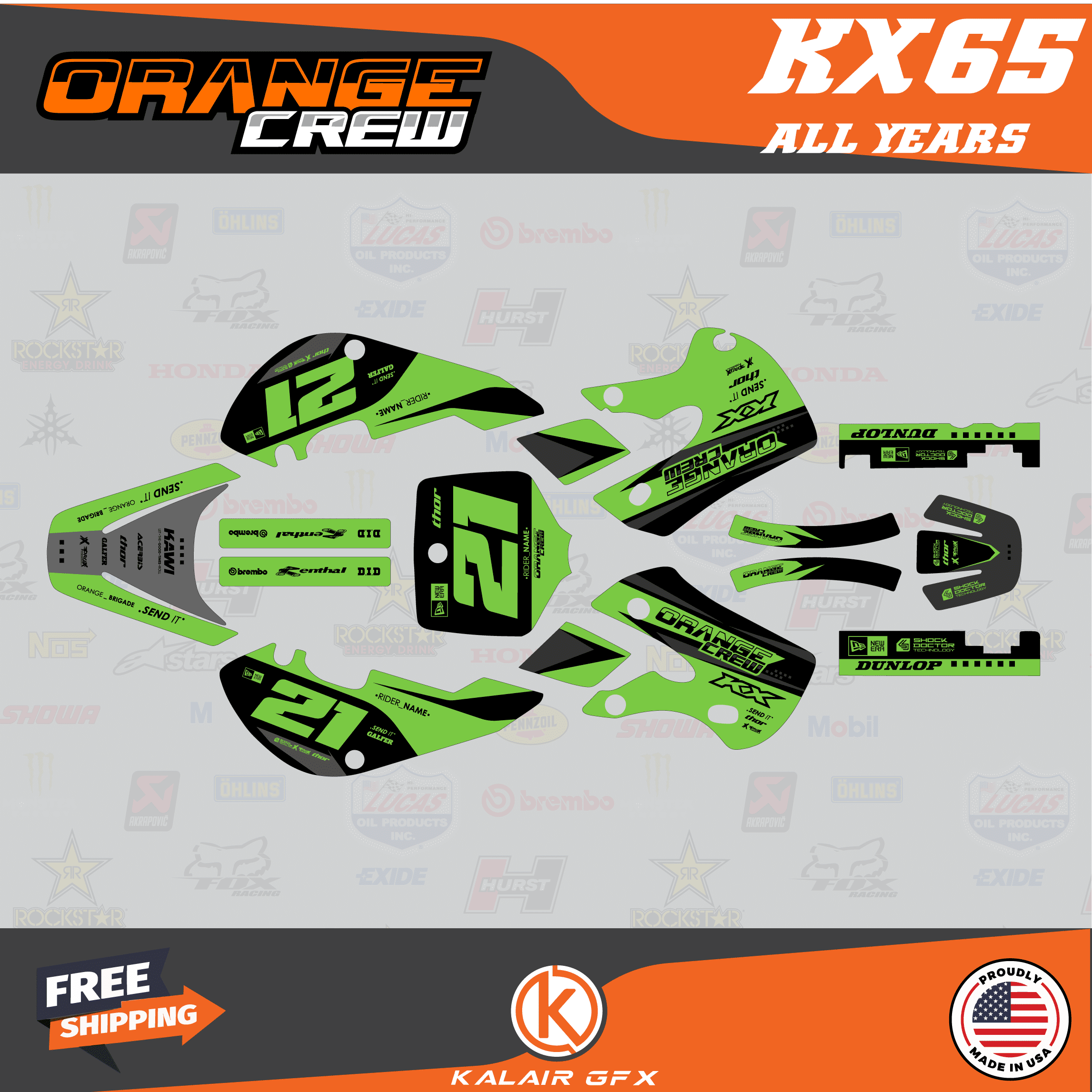 Kalair GFX Graphics Kit for Kawasaki KX65 (1999-2024) Orange-crew ...