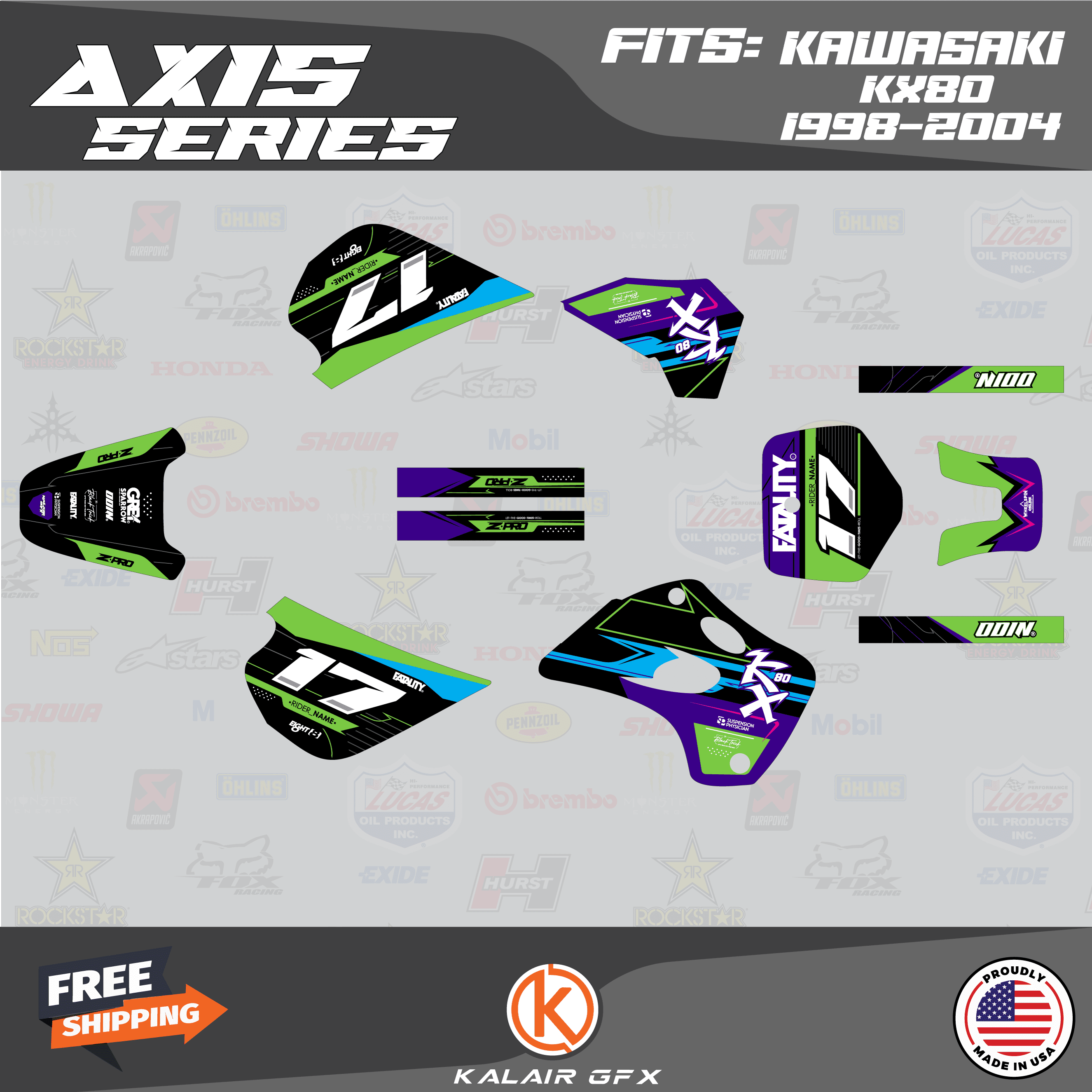 Kalair GFX Graphics Kit for Kawasaki KX80 (1994-1997) Axis Series ...