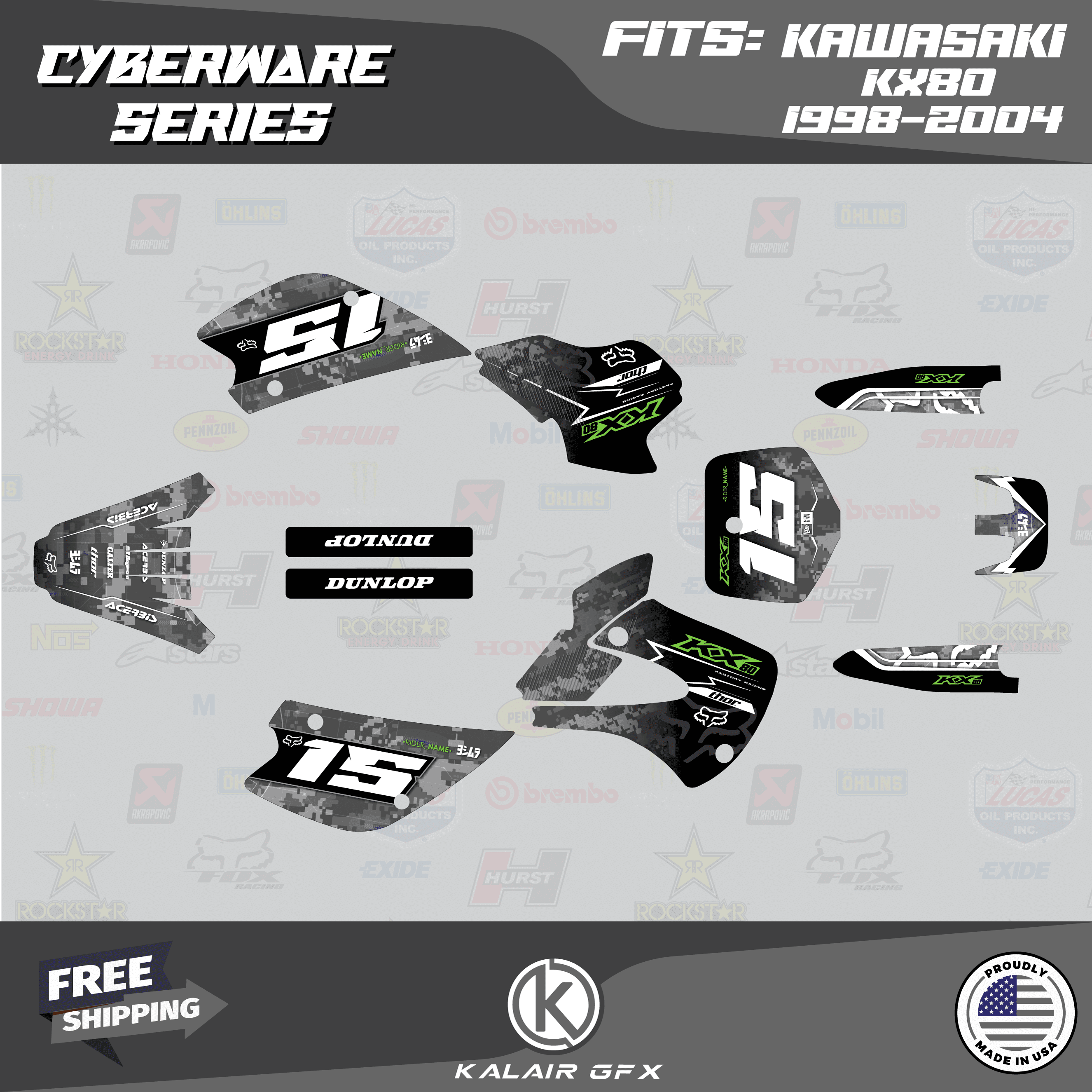 Kalair GFX Graphics Kit for Kawasaki KX80 (1998-2004) Cyberware Series ...
