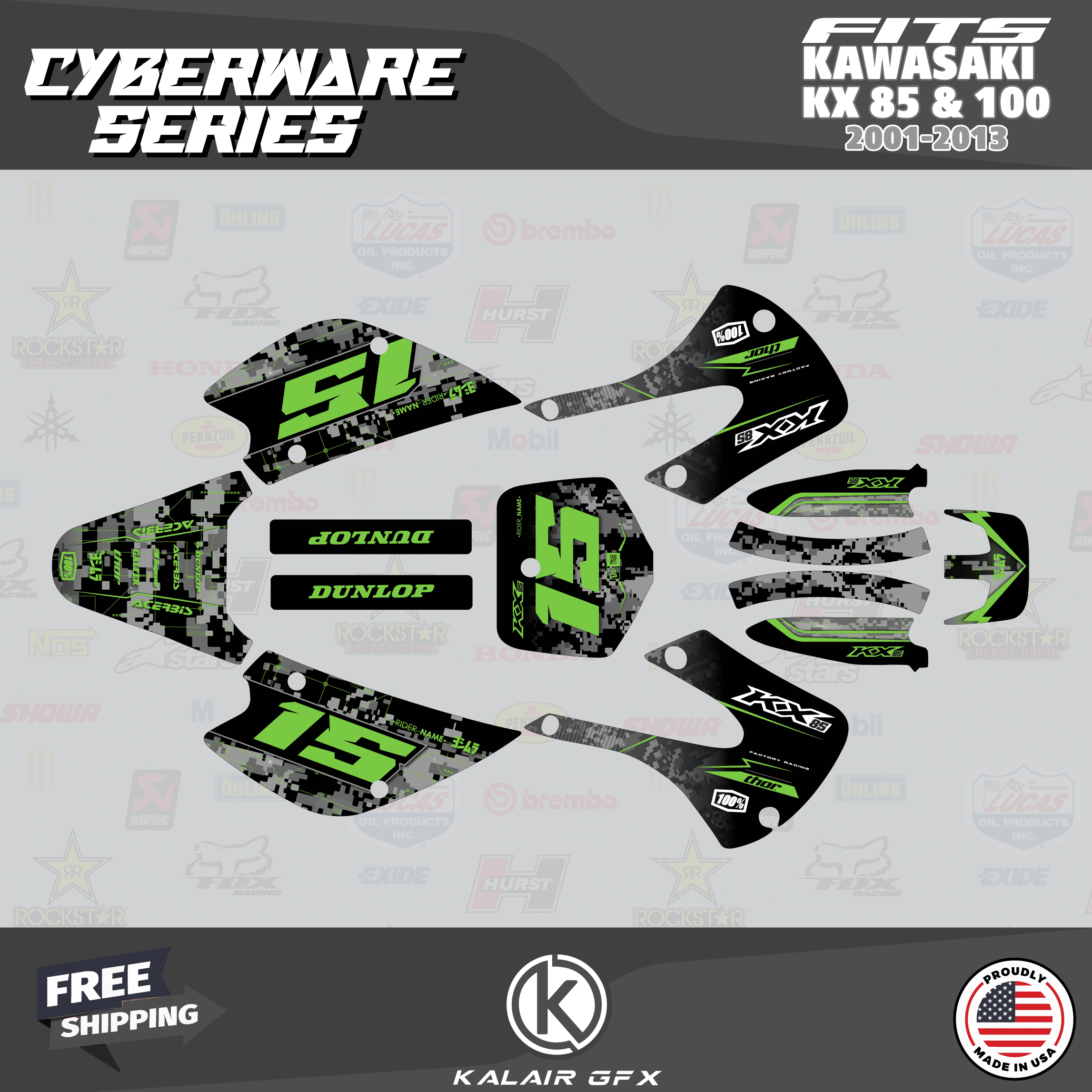 Kalair GFX Graphics Kit for Kawasaki KX85 (2001-2013) Cyberware Series - Walmart.com