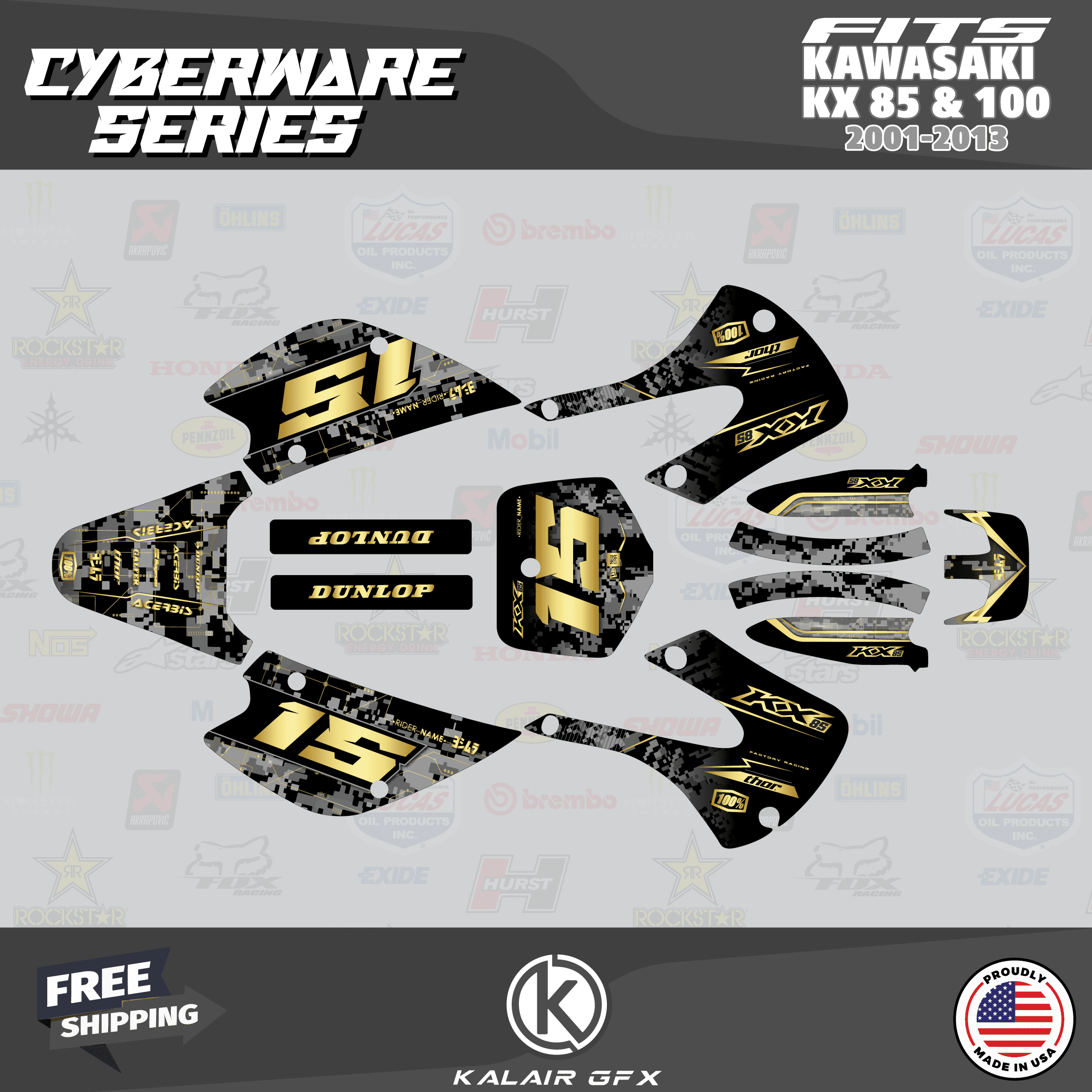 Kalair GFX Graphics Kit for Kawasaki KX85 (2001-2013) Cyberware Series ...