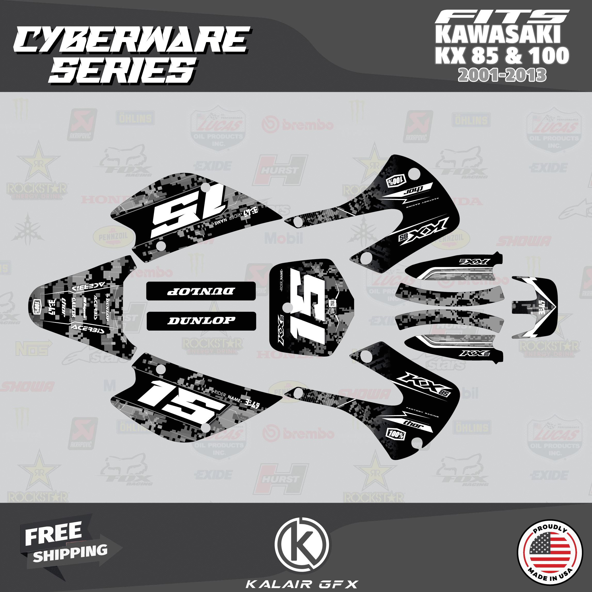 Kalair GFX Graphics Kit for Kawasaki KX85 (2001-2013) Cyberware Series ...