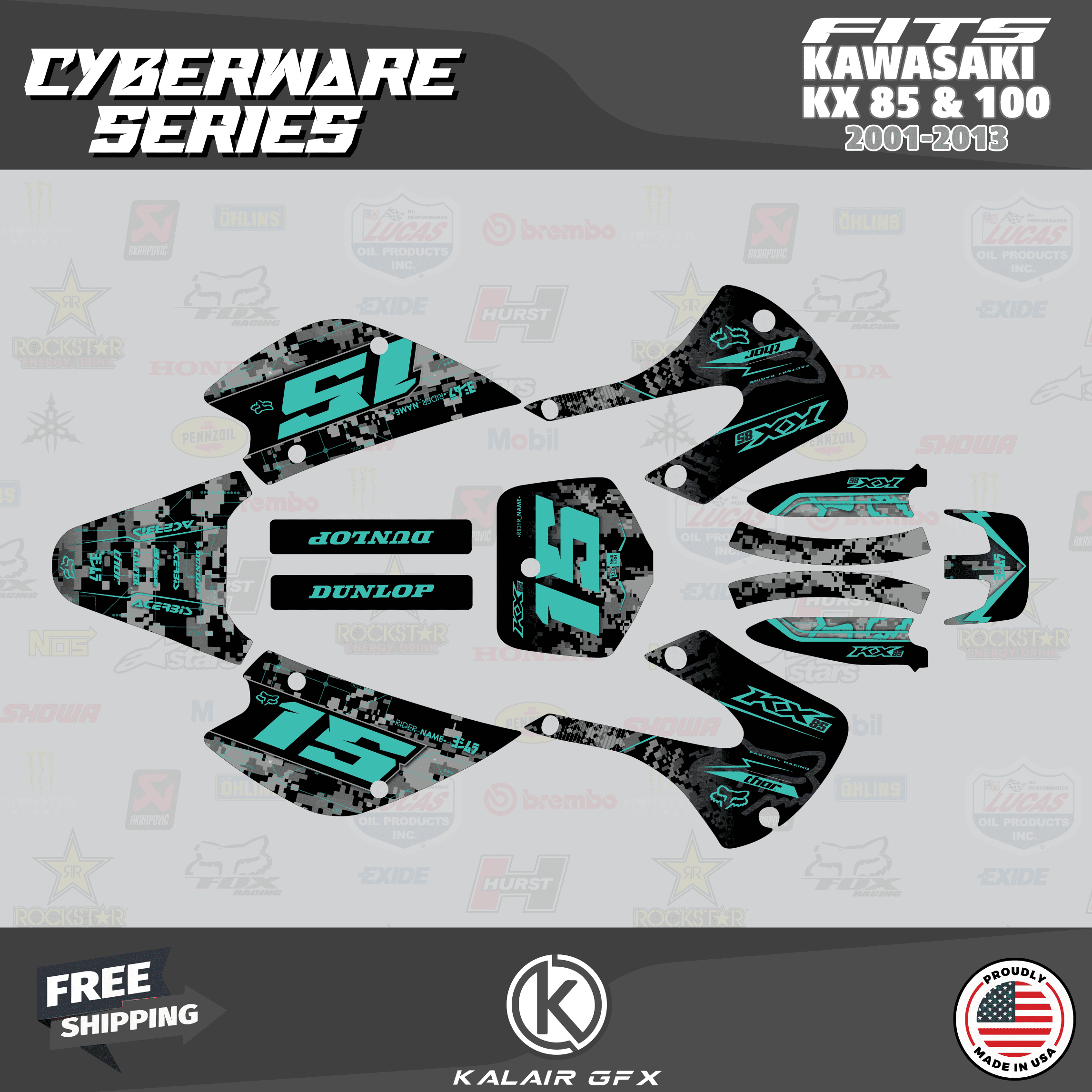 Kalair GFX Graphics Kit for Kawasaki KX85 (2001-2013) Cyberware Series ...