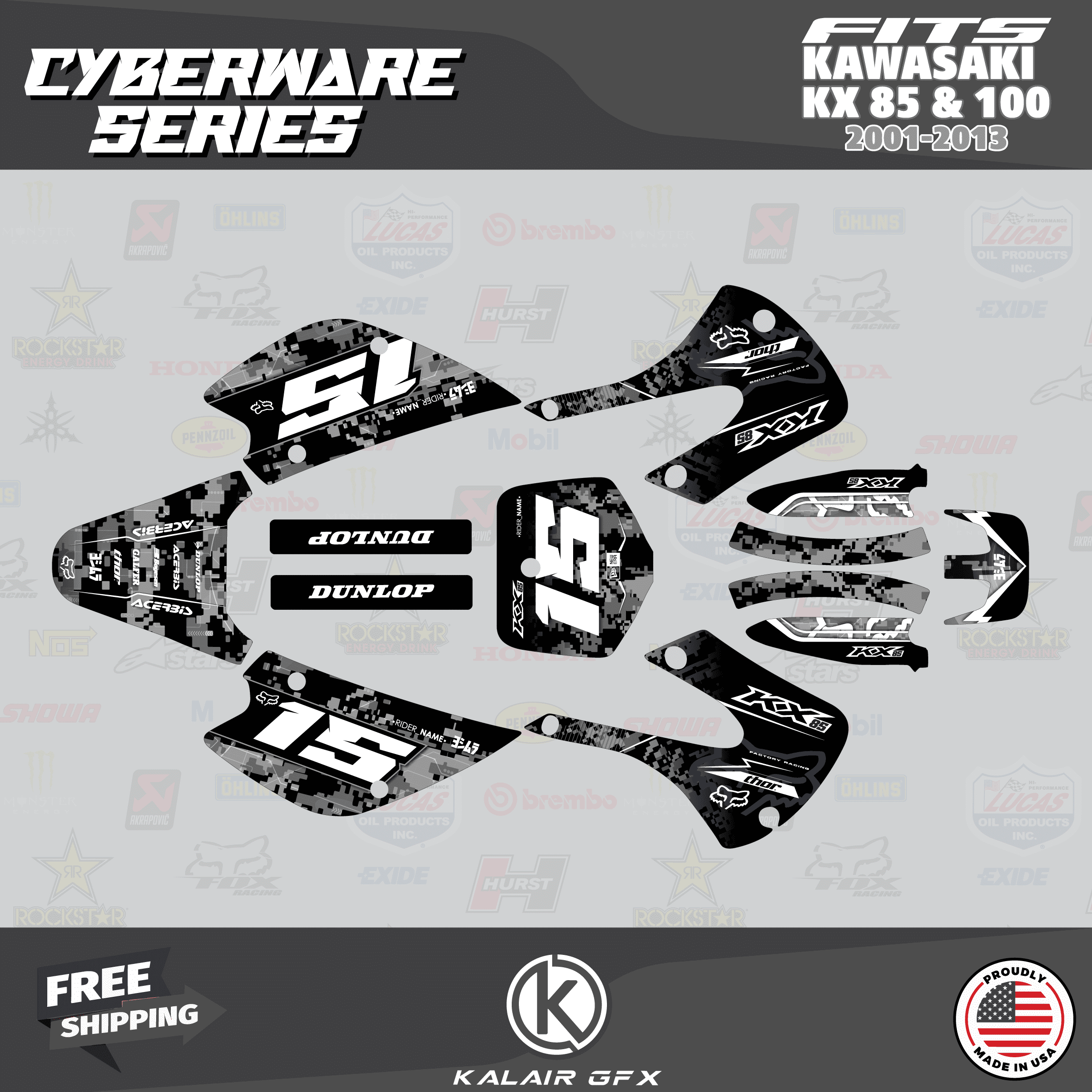 Kalair GFX Graphics Kit for Kawasaki KX85 (2001-2013) Cyberware Series ...
