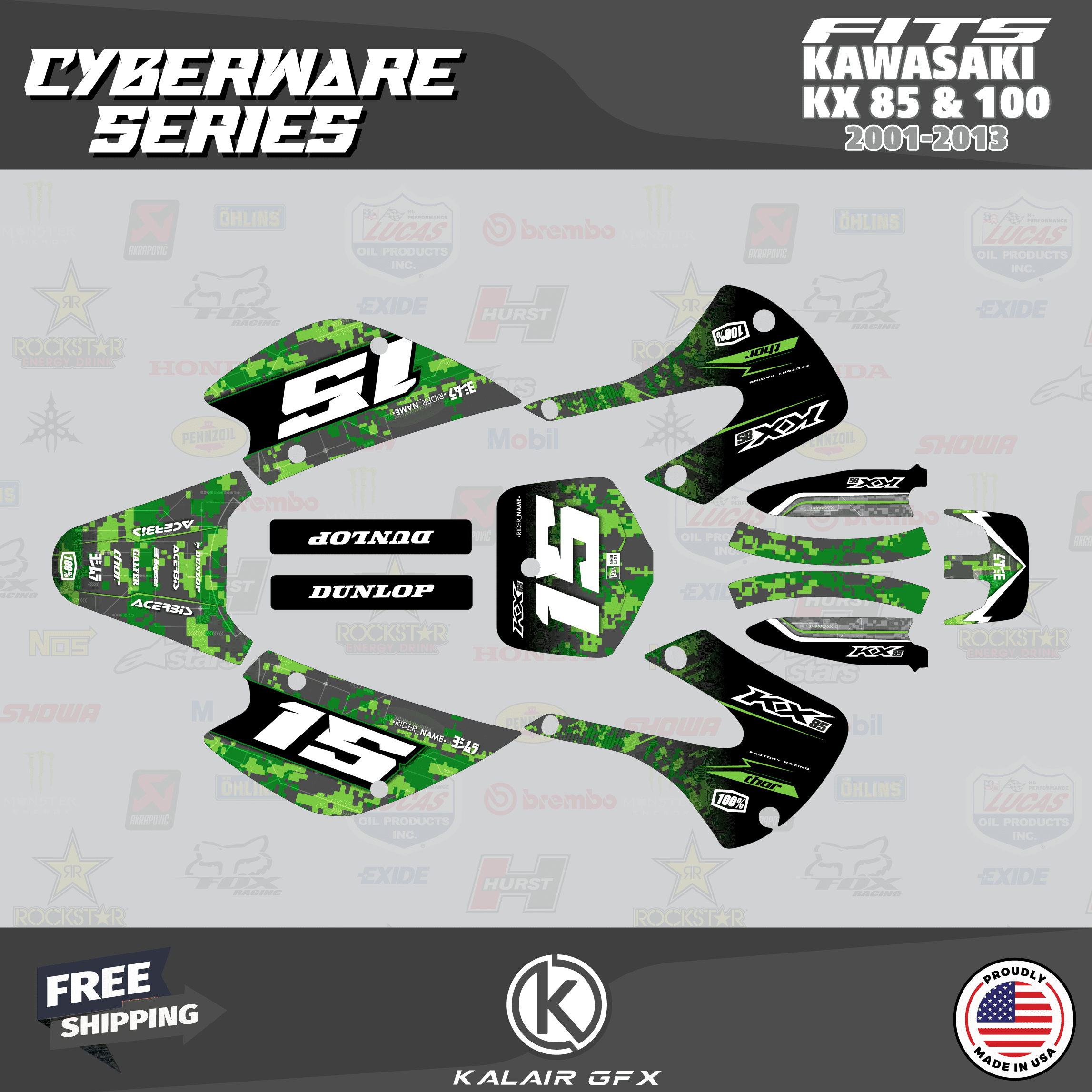 Kalair GFX Graphics Kit for Kawasaki KX85 (2001-2013) Cyberware Series ...