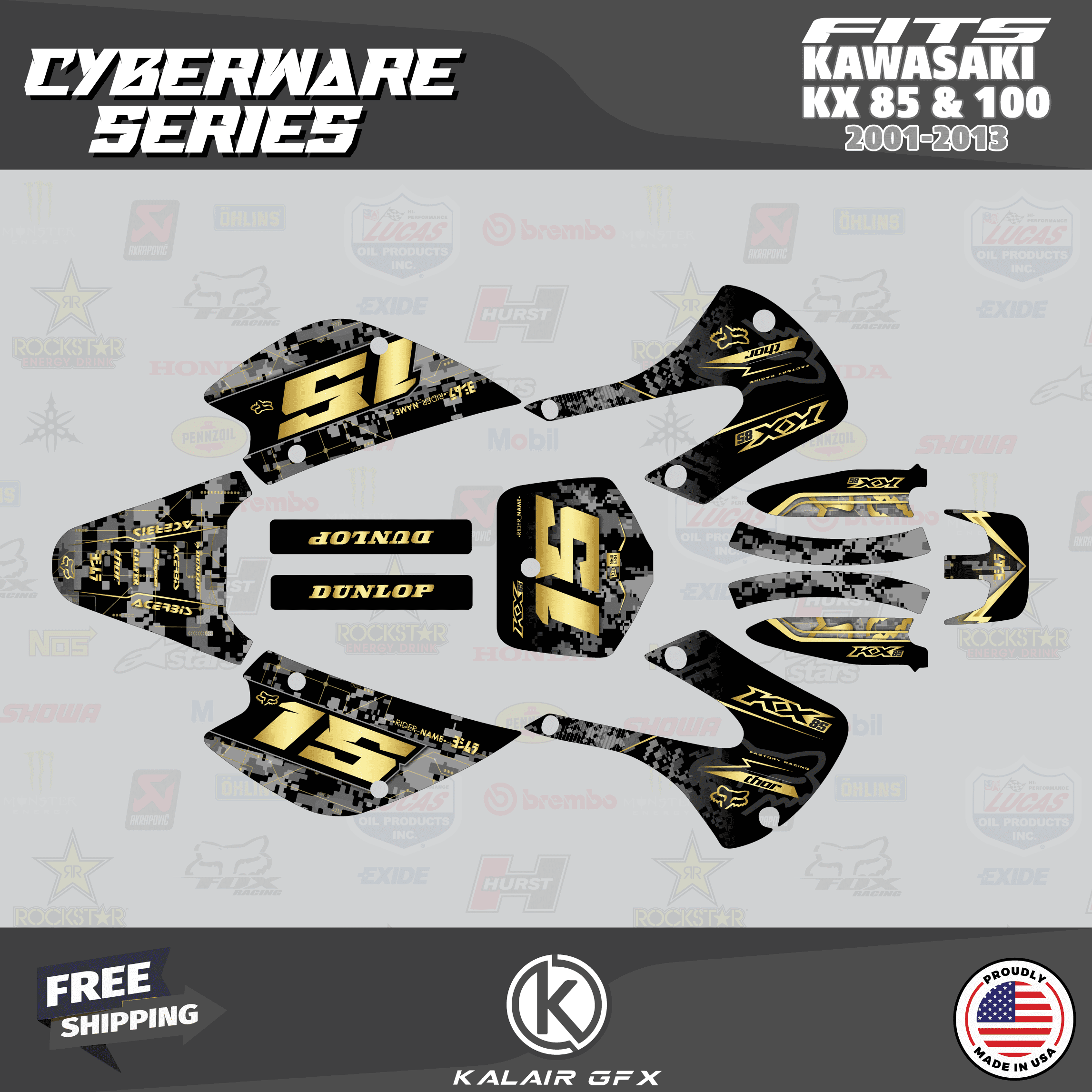 Kalair GFX Graphics Kit for Kawasaki KX85 (2001-2013) Cyberware Series ...