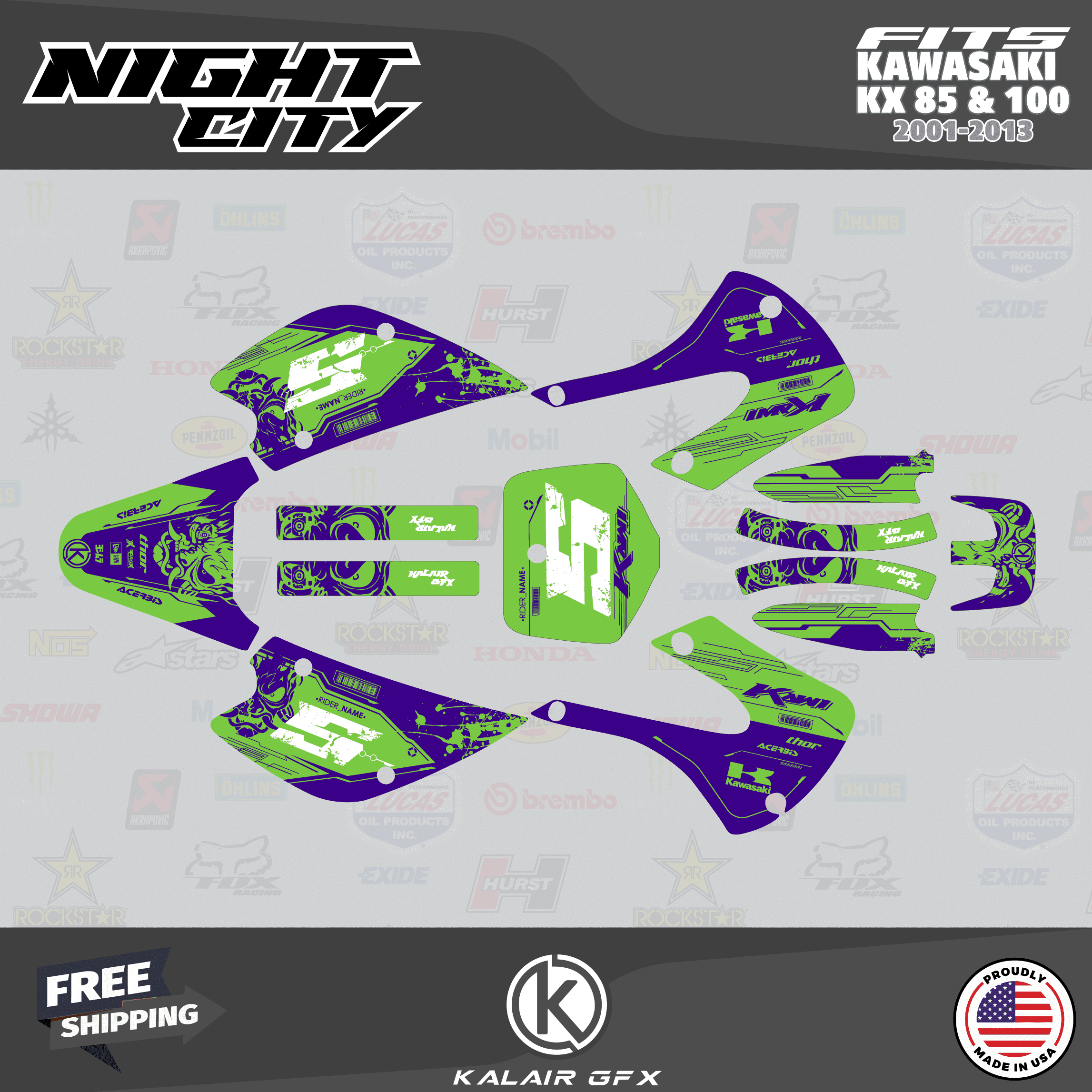 Kalair GFX Graphics Kit for Kawasaki KX85 (2001-2013) Nightcity Series ...