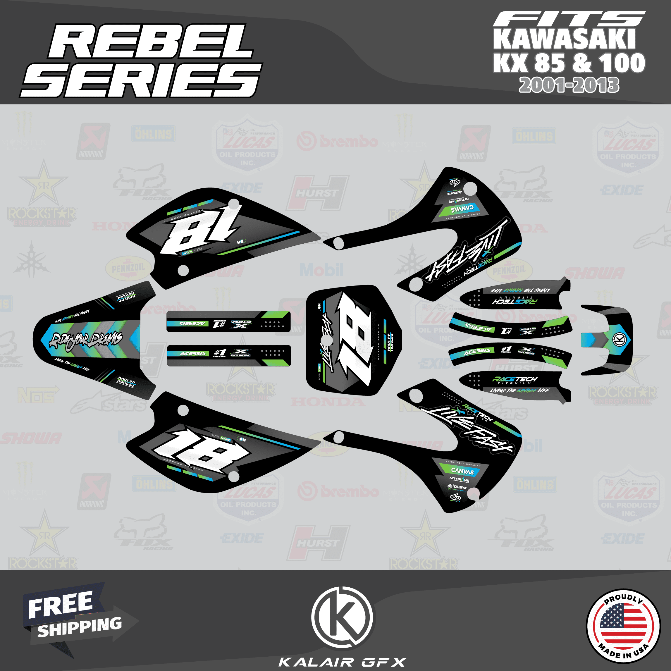 Kalair GFX Graphics Kit for Kawasaki KX85 (2001-2013) Rebel Series ...