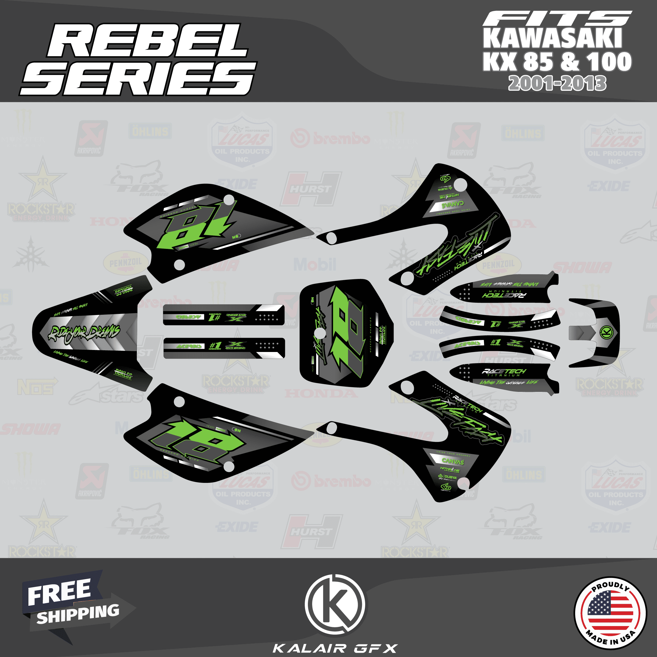 Kalair GFX Graphics Kit for Kawasaki KX85 (2001-2013) Rebel Series - Walmart.com