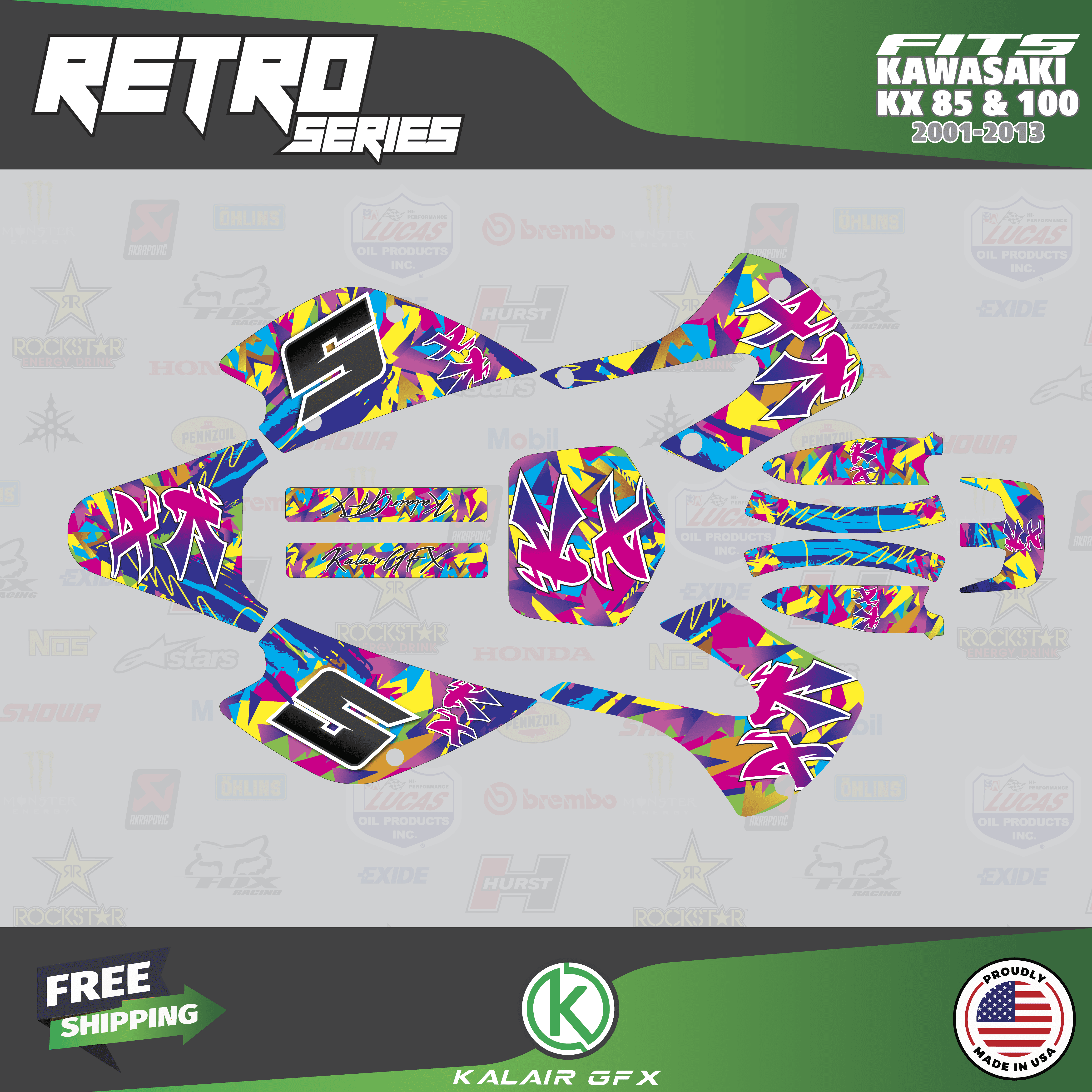 Kalair GFX Graphics Kit for Kawasaki KX85 (2001-2013) Retro Series ...
