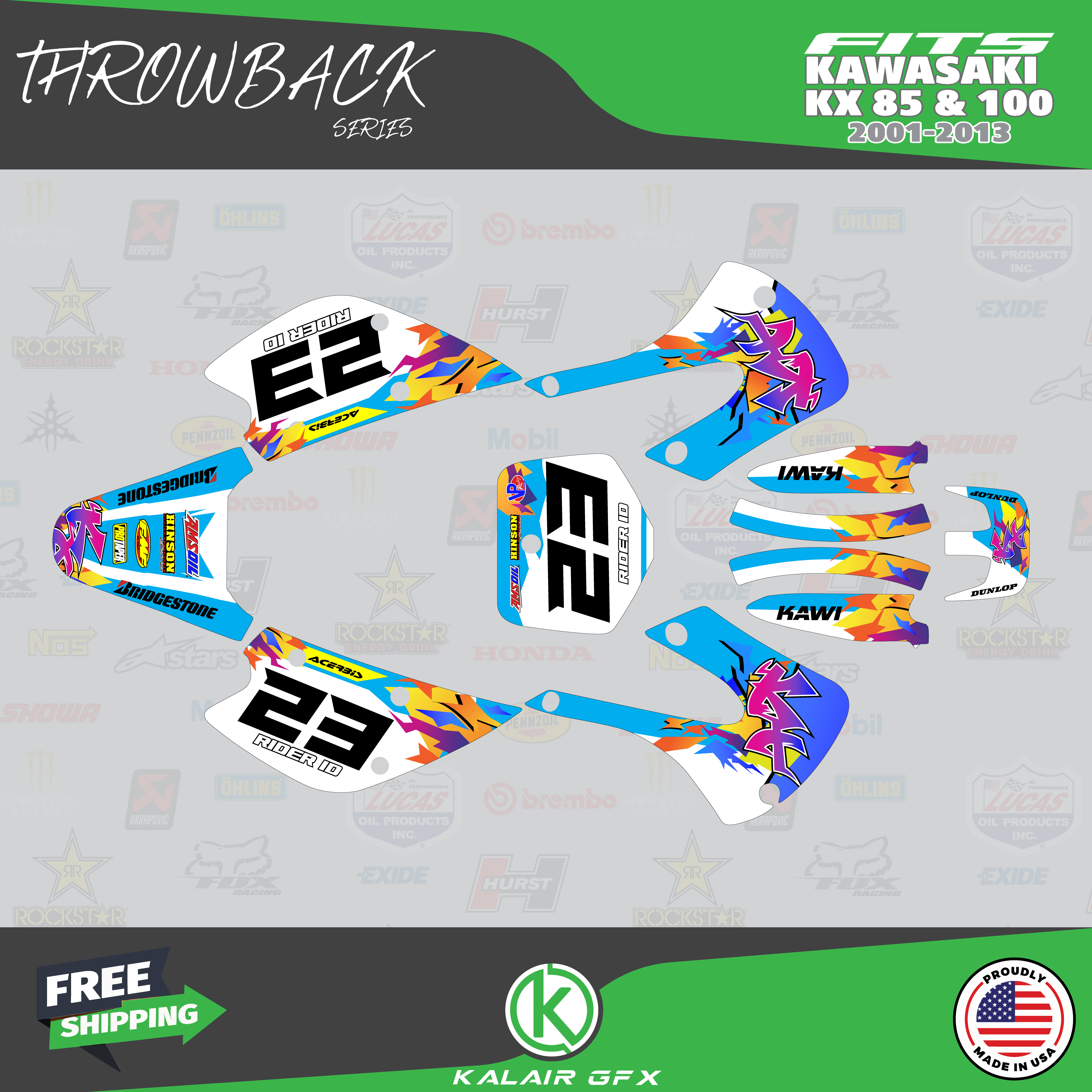 Kalair GFX Graphics Kit for Kawasaki KX85 (2001-2013) Throwback Series ...