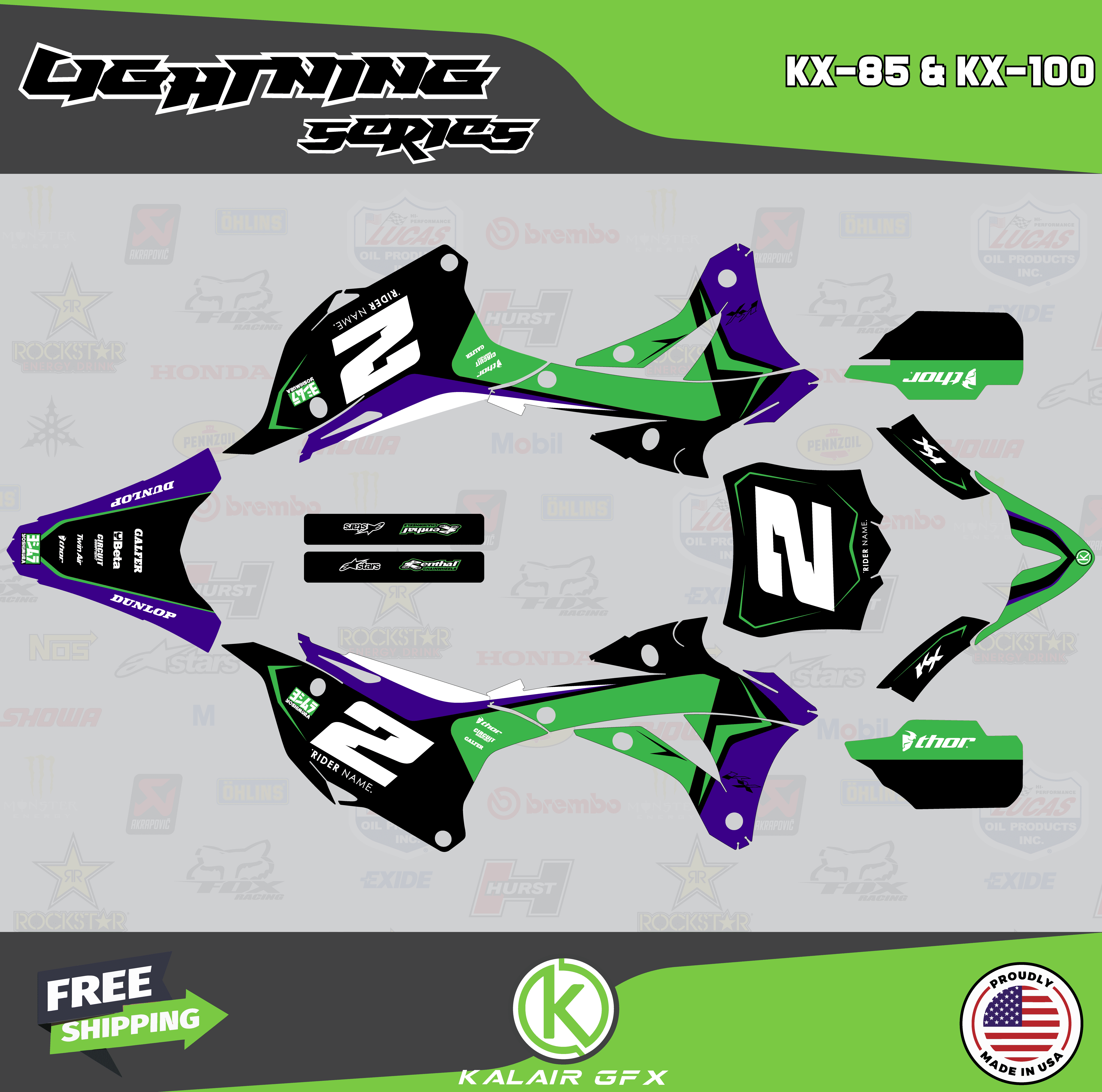 Kalair GFX Graphics Kit for Kawasaki KX85 (2014-2021) Lightning Series ...