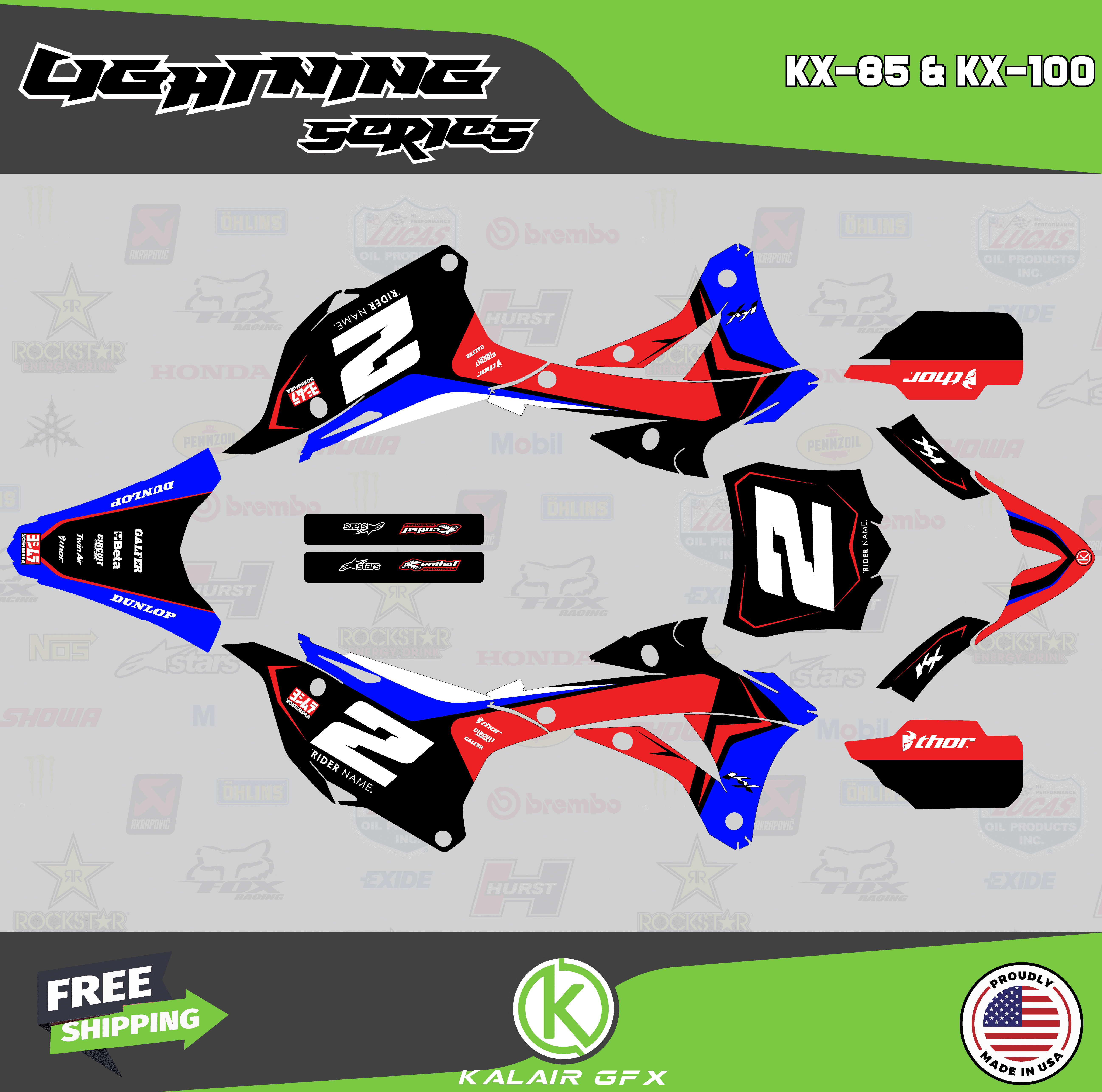 Kalair GFX Graphics Kit for Kawasaki KX85 (2014-2021) Lightning Series ...