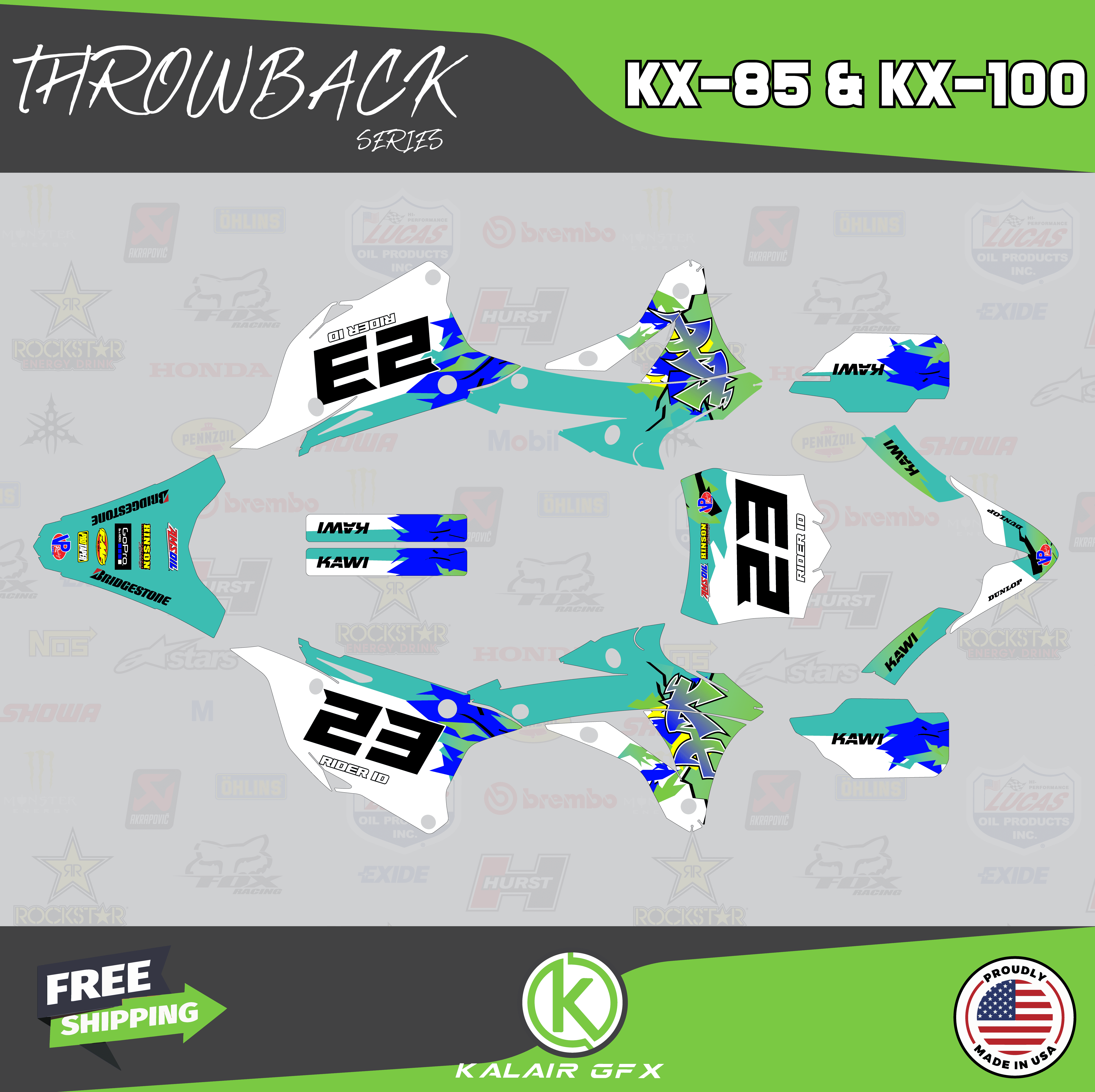 Kalair GFX Graphics Kit for Kawasaki KX85 (2014-2021) Throwback Series ...
