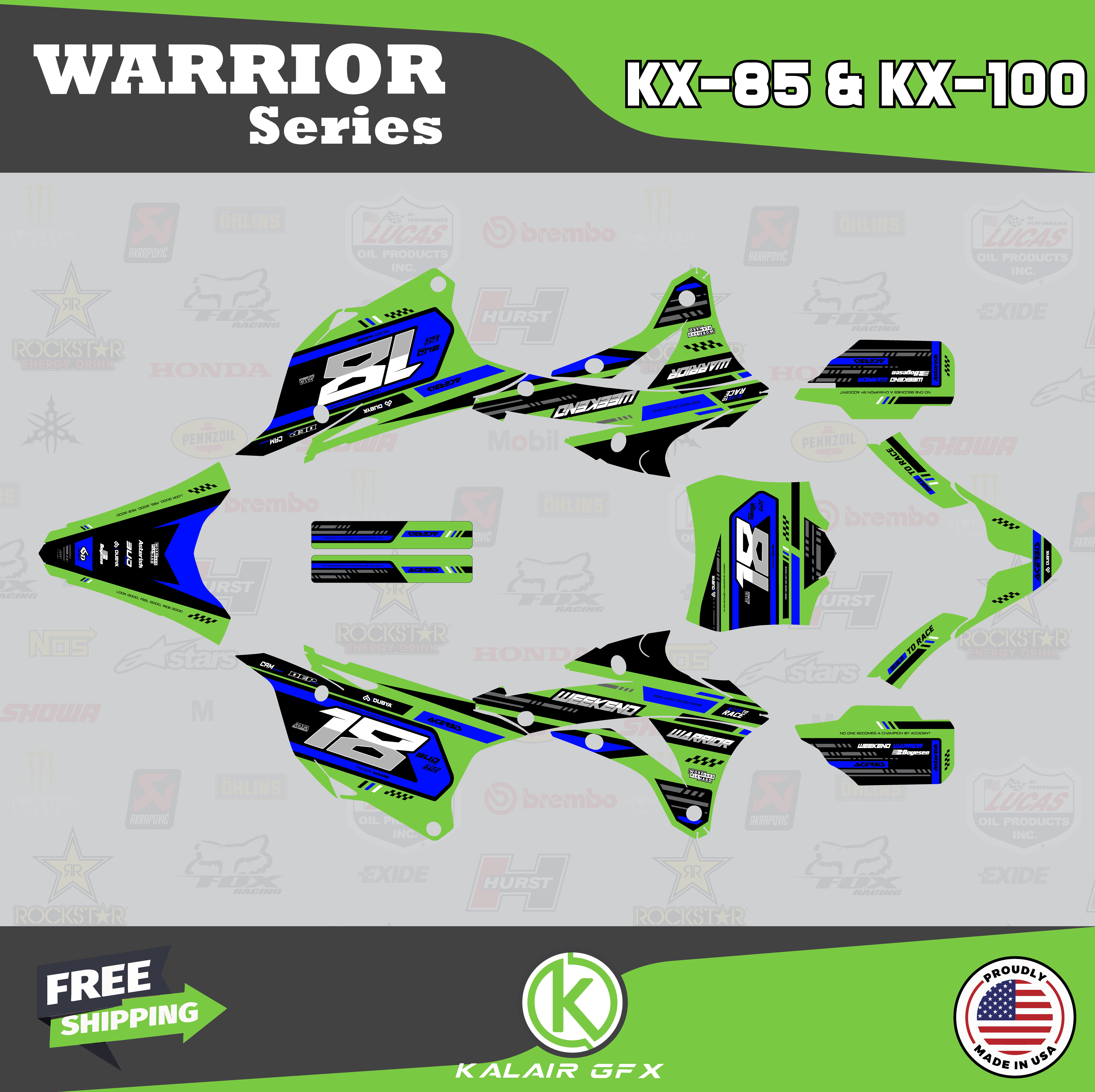Kalair GFX Graphics Kit for Kawasaki KX85 (2014-2021) Warrior Series ...
