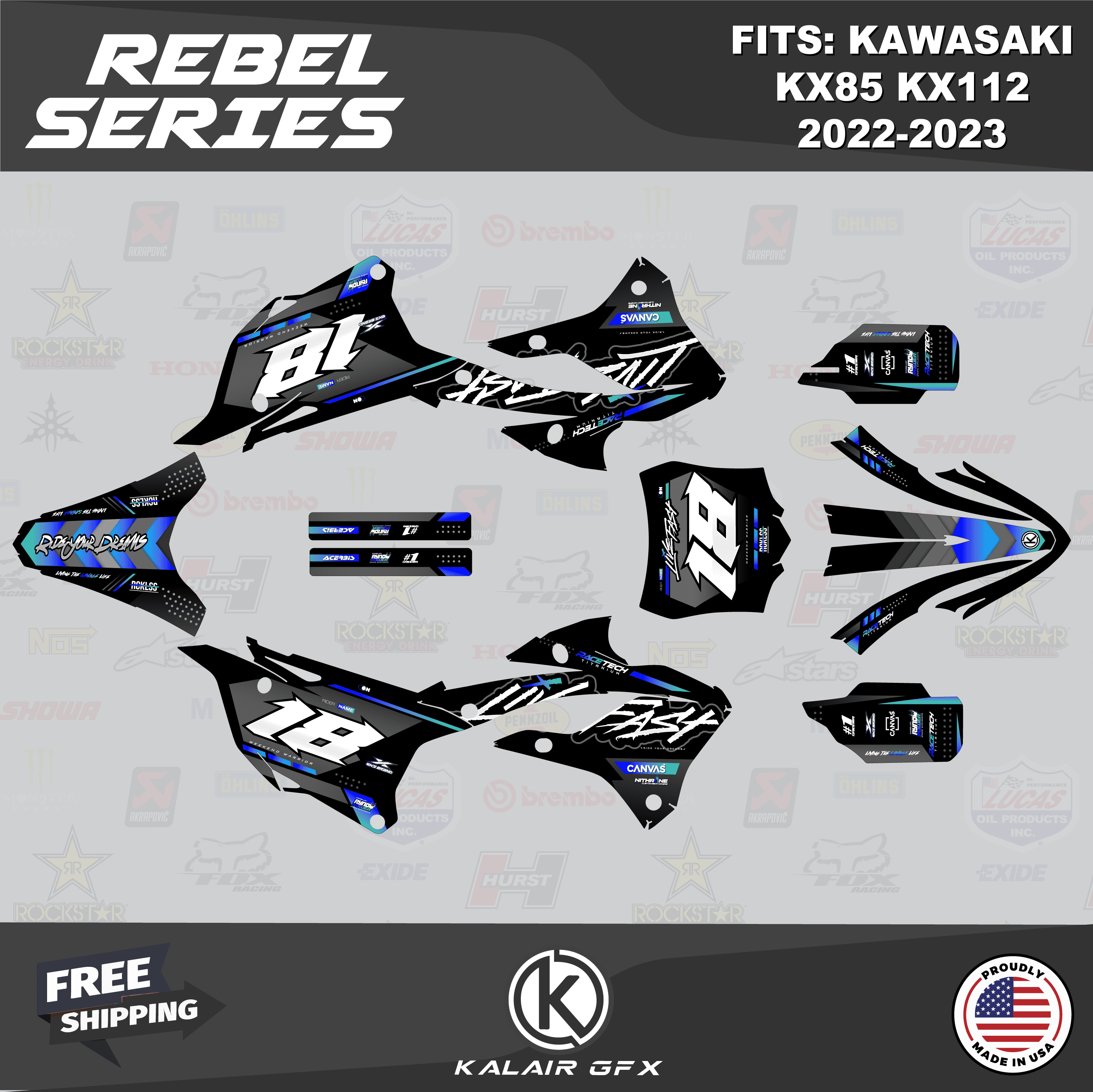 Kalair GFX Graphics Kit for Kawasaki KX85 (2022-2023) Rebel Series ...
