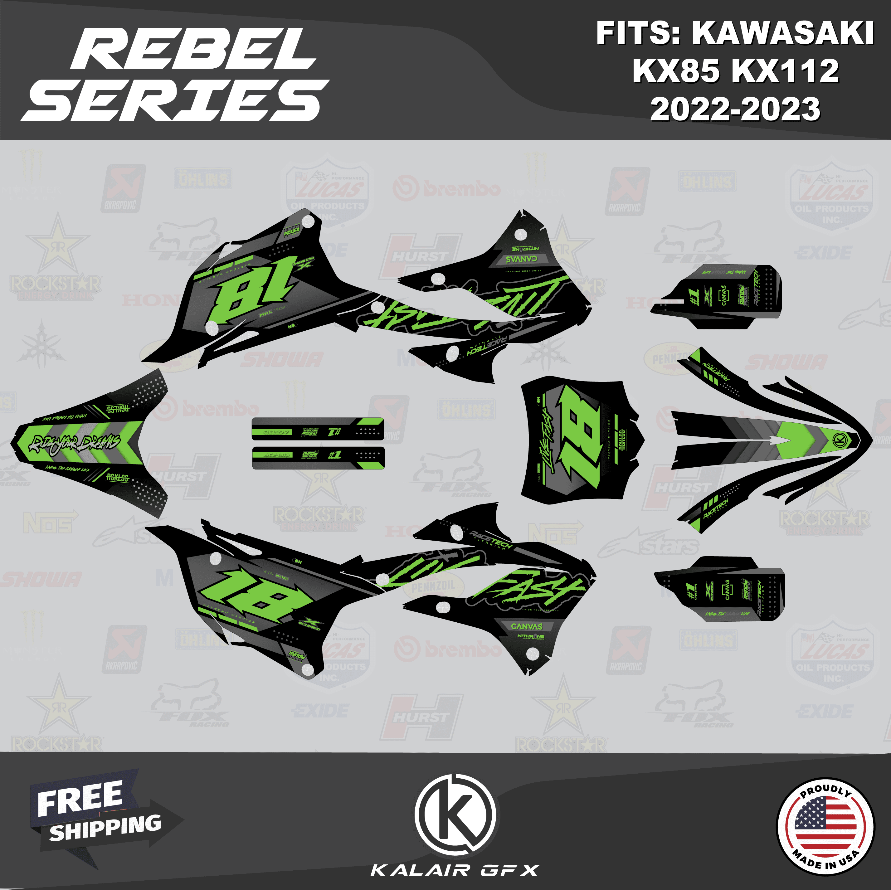 Kalair GFX Graphics Kit for Kawasaki KX85 (2022-2023) Rebel Series ...