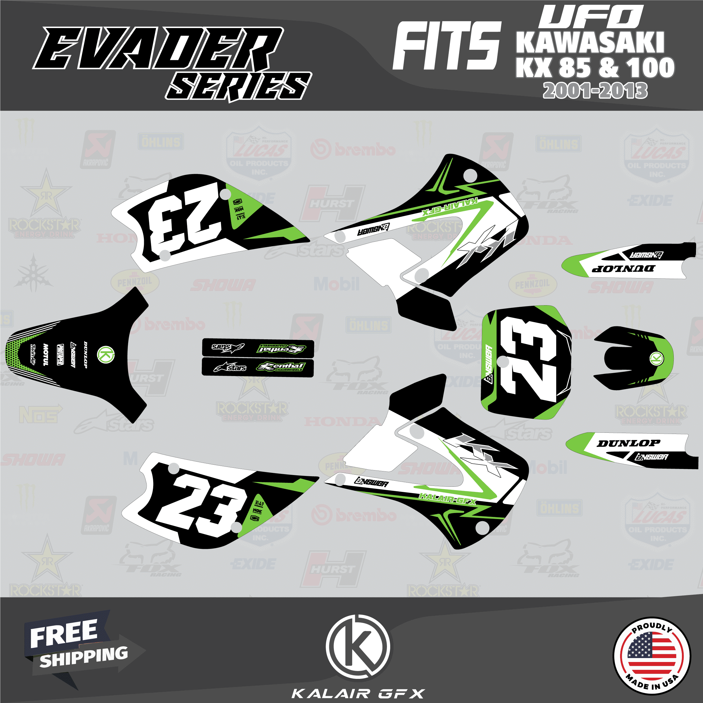 Kalair GFX Graphics Kit for Kawasaki KX85 UFO RESTYLE (2001-2013) Evader Series - Walmart.com