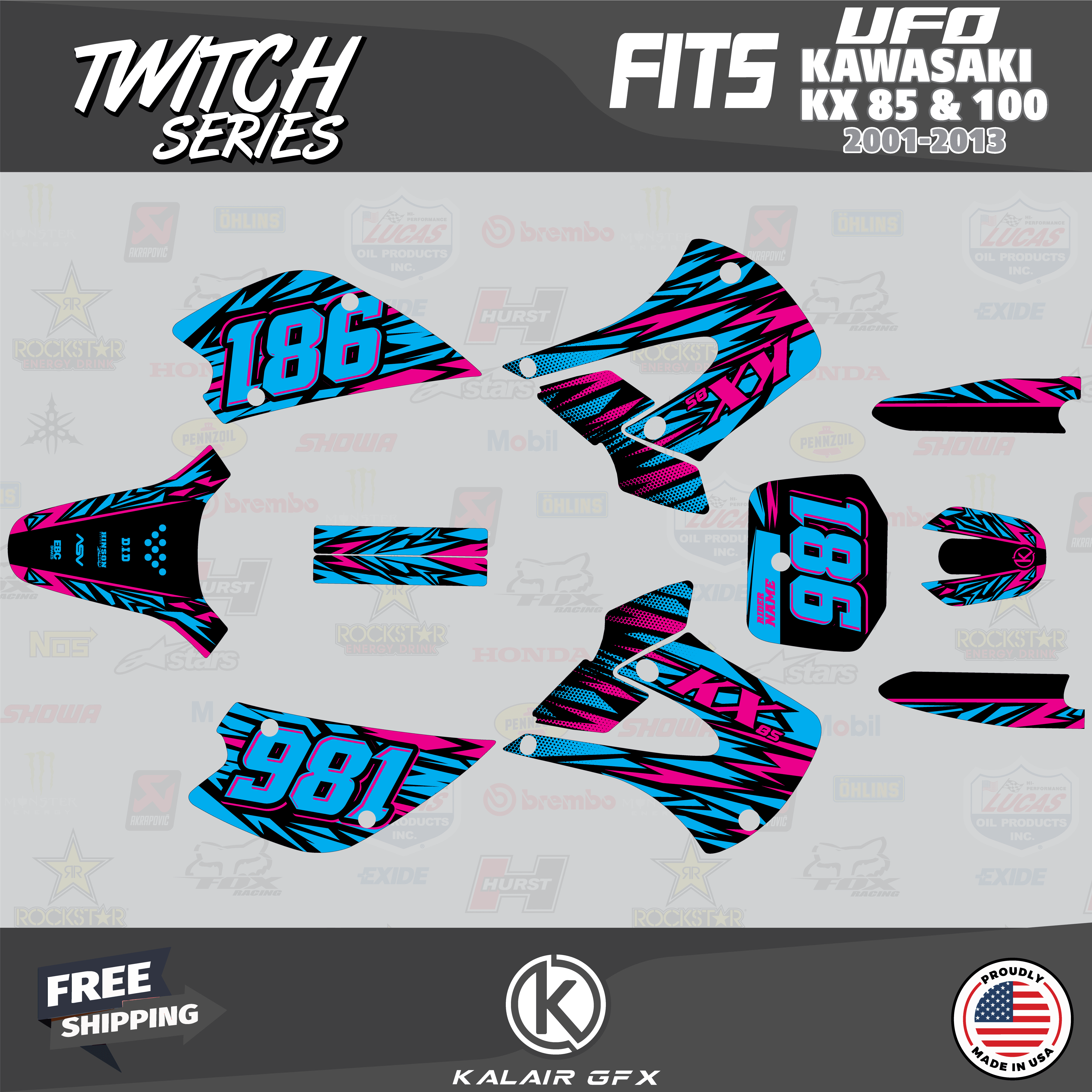 Kalair GFX Graphics Kit for Kawasaki KX85 UFO RESTYLE (2001-2013 ...