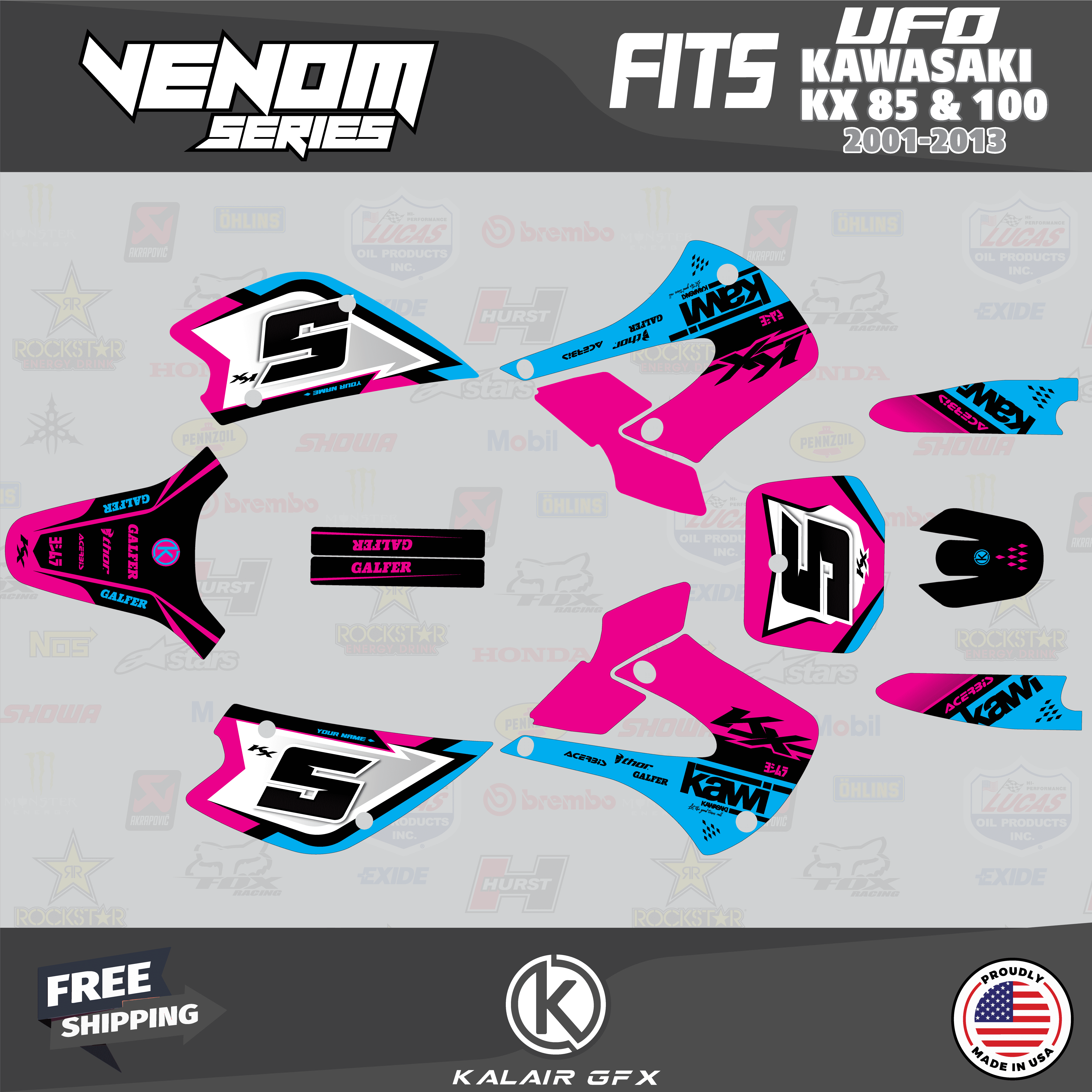 Kalair GFX Graphics Kit for Kawasaki KX85 UFO RESTYLE (2001-2013) Venom ...