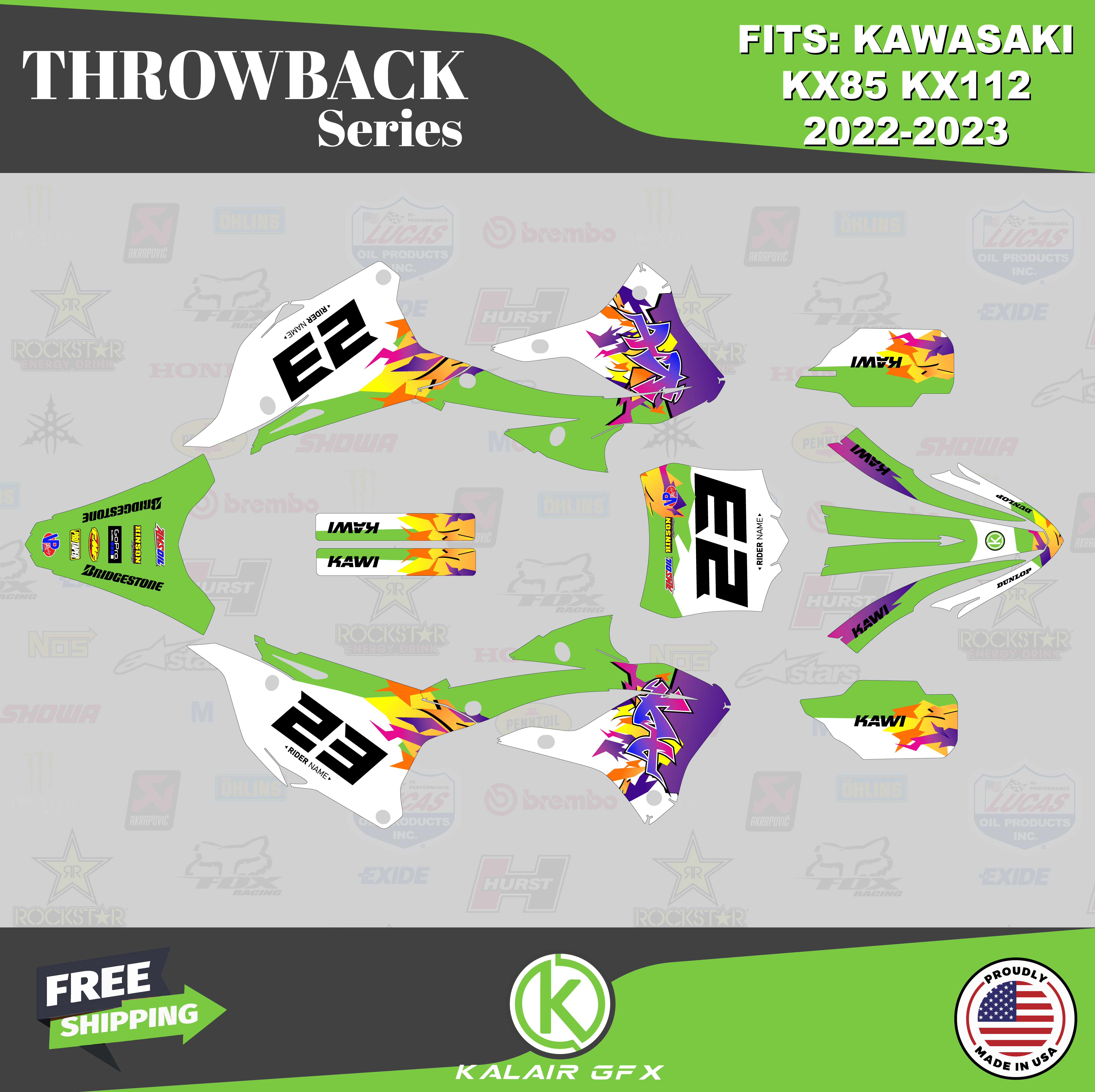 Kalair GFX Graphics Kit for Kawasaki KX85KX112 (2022-2023) Throwback ...