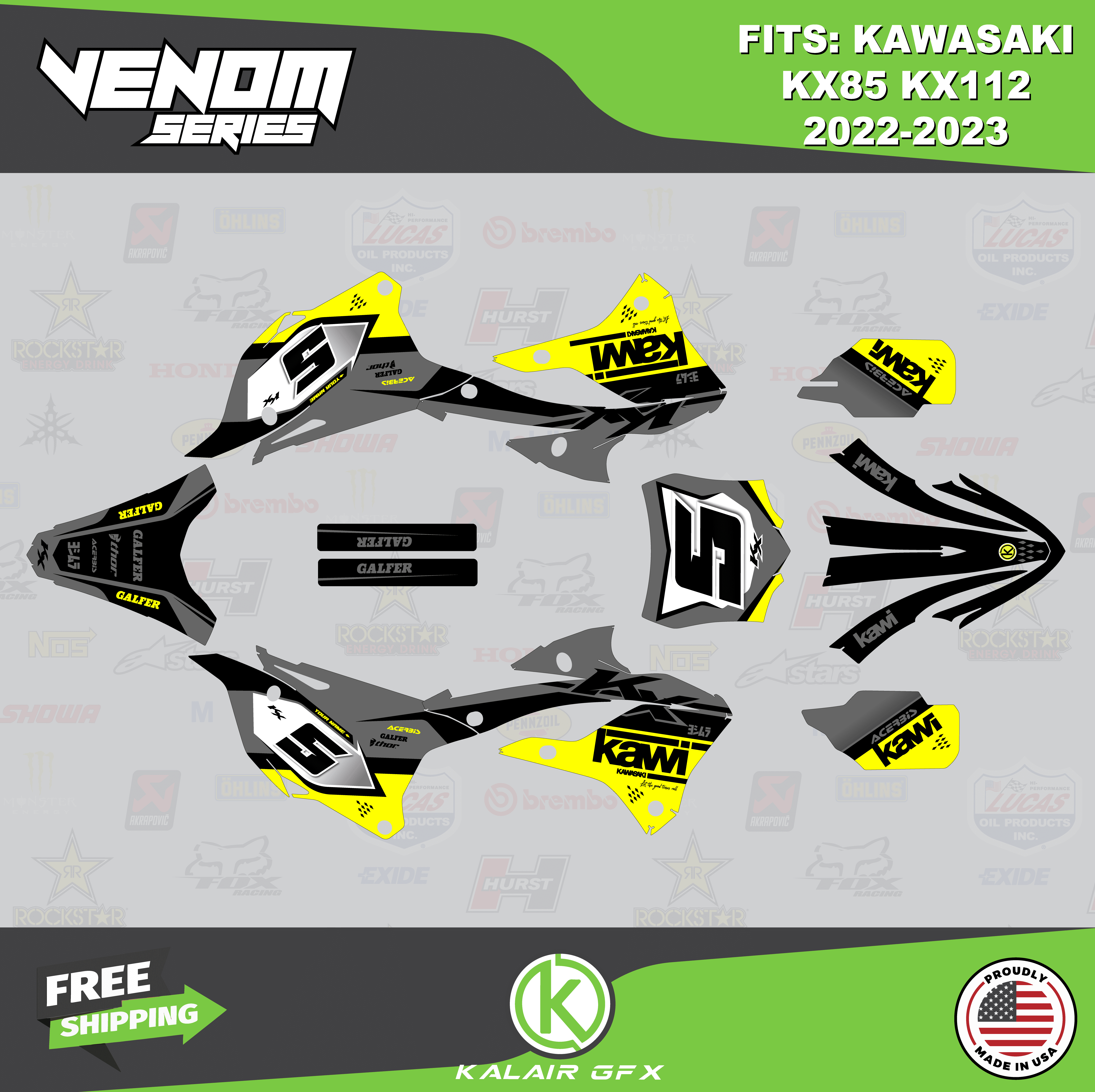 Kalair GFX Graphics Kit for Kawasaki KX85KX112 (2022-2023) Venom Series ...