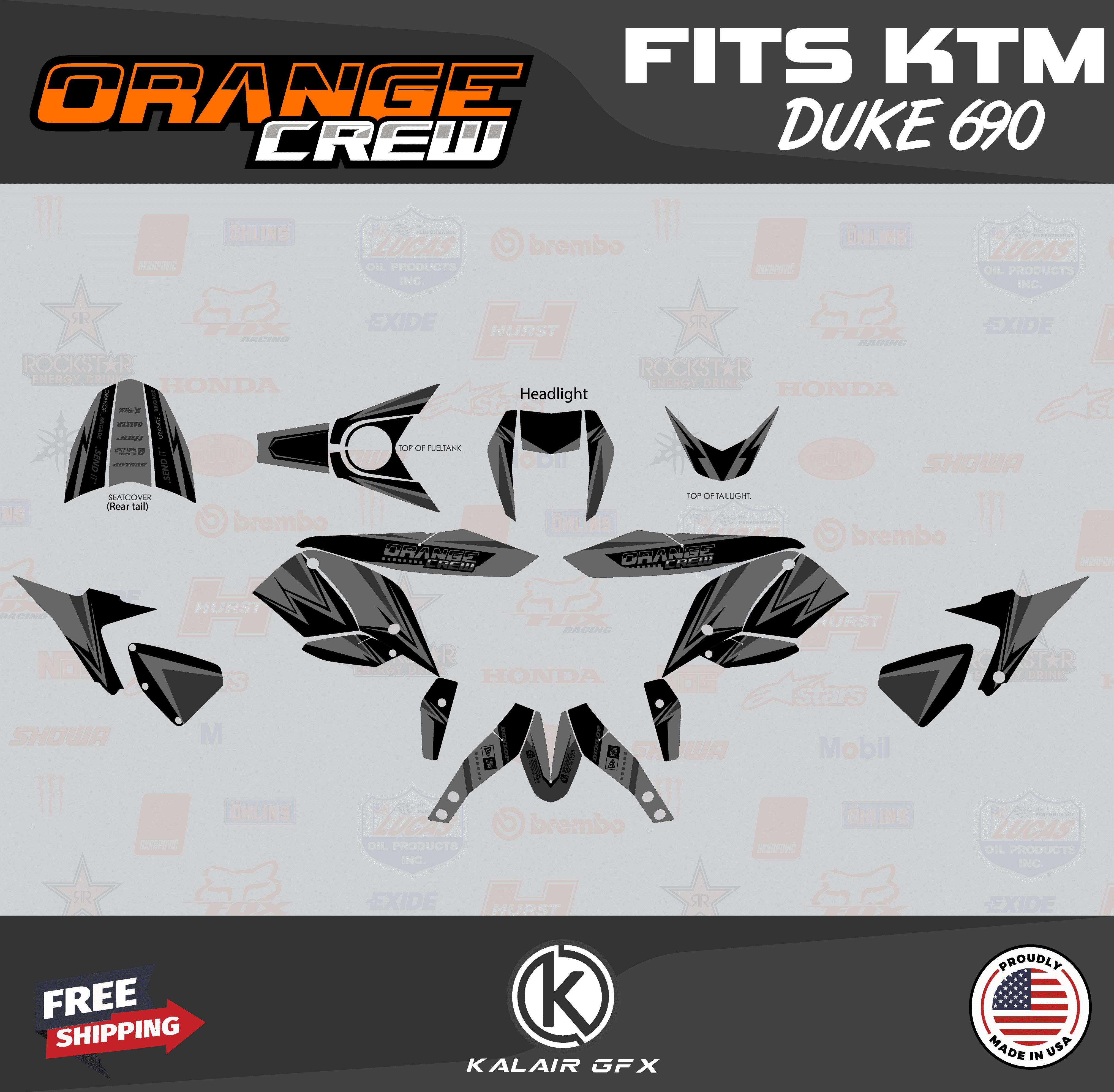 Kalair GFX Graphics Kit for Ktm 690 DUKE (2012-2020) Orange-crew Series ...
